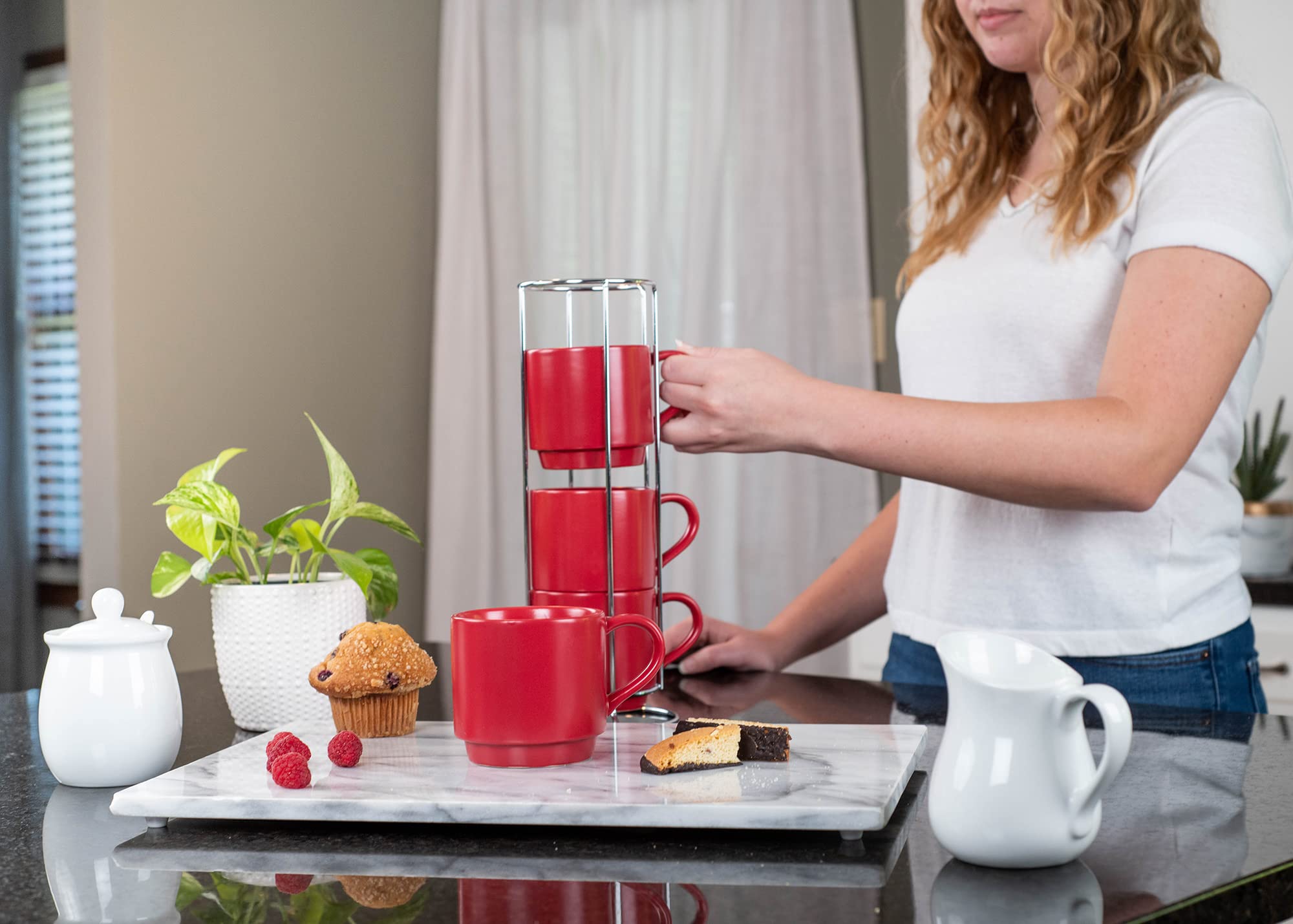 Nat & Jules Stacking Red 14 ounce Ceramic Stoneware Mugs With Stand Set of 4