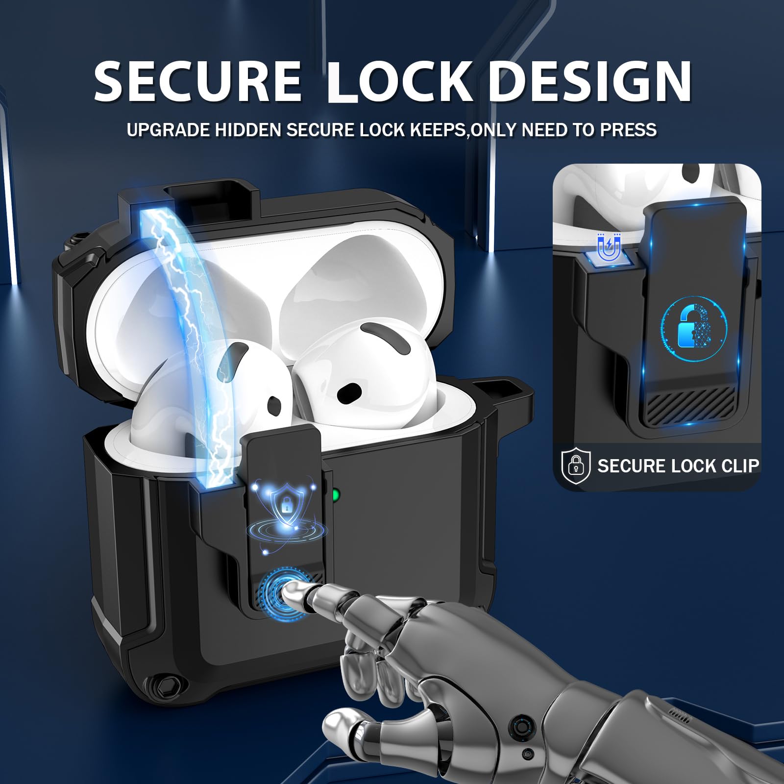 V.R.HOPE Compatible with AirPods 4 Gen (2024), Rugged TPU Case Cover for AirPods 4 Case with Security Lock and Auto-Open for Apple Airpods 4th Generation Earbuds Shockproof Case Drop-Protection Cover