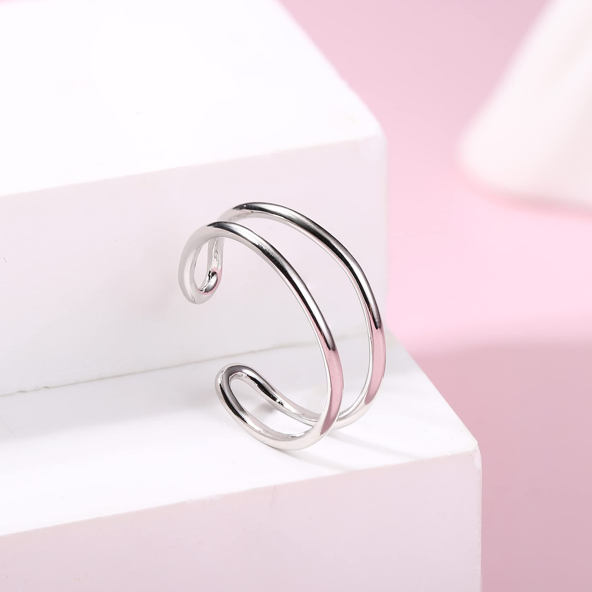 MILACOLATO 925 Sterling Silver Rings Set 18K White Gold Plated Two Row Feather Twist Eternity Band Rings Open Adjustable Stackable Knuckle Pinky Rings for Women