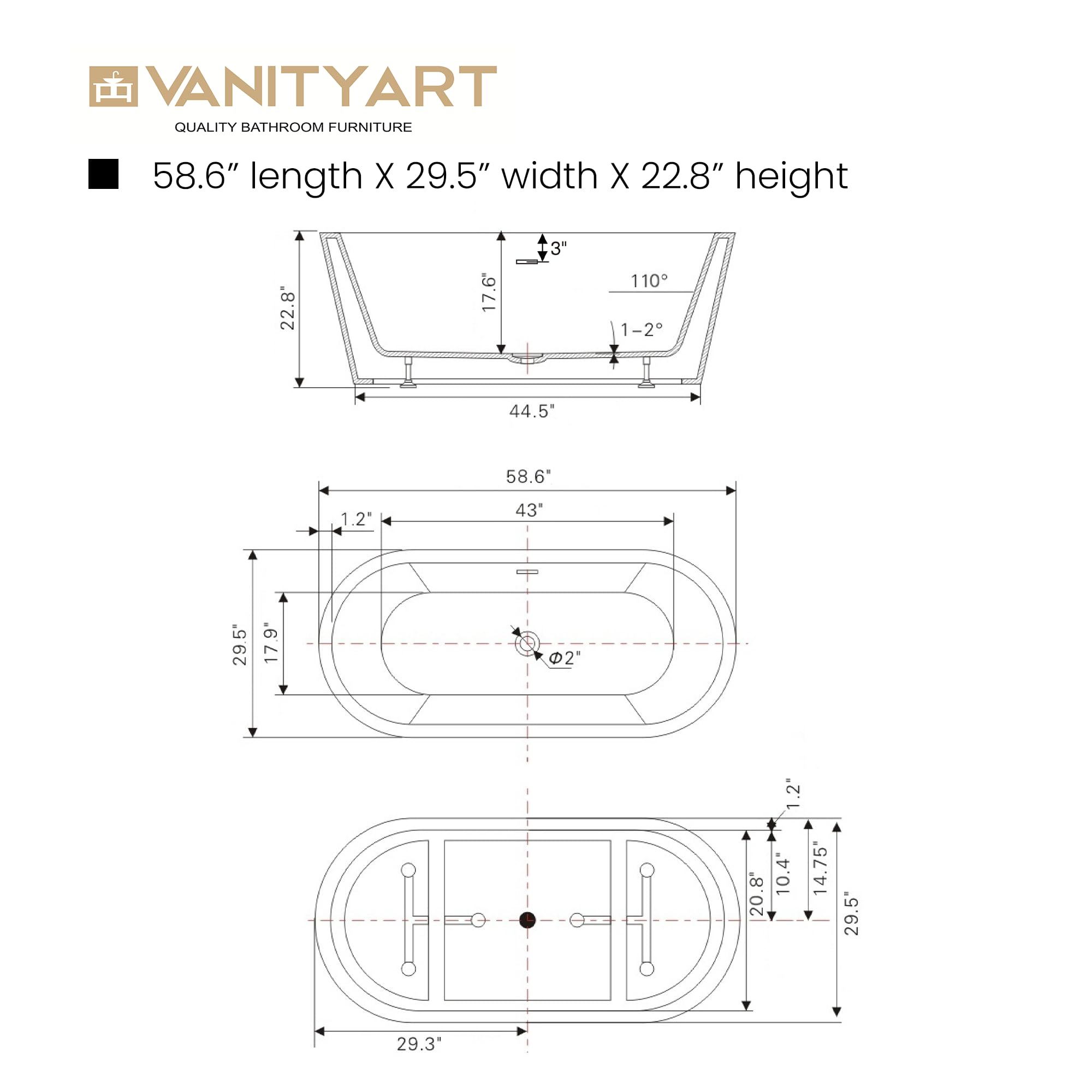 Vanity Art 54" X 29" Non-Slip Acrylic Freestanding Bathtub | Contemporary Design Soaking Tub with Overflow and Pop-up Drain, UPC Certified VA6815-NXSW