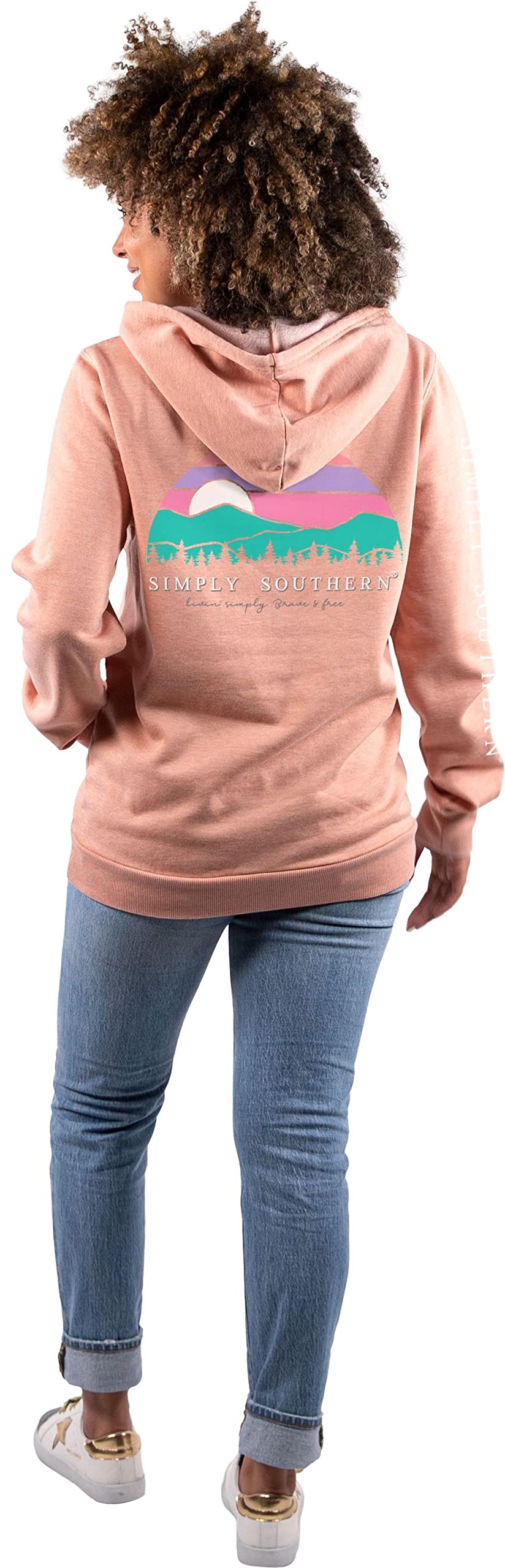 Simply Southern Livin Brave & Free Sunset Fleece Hoodie Peach