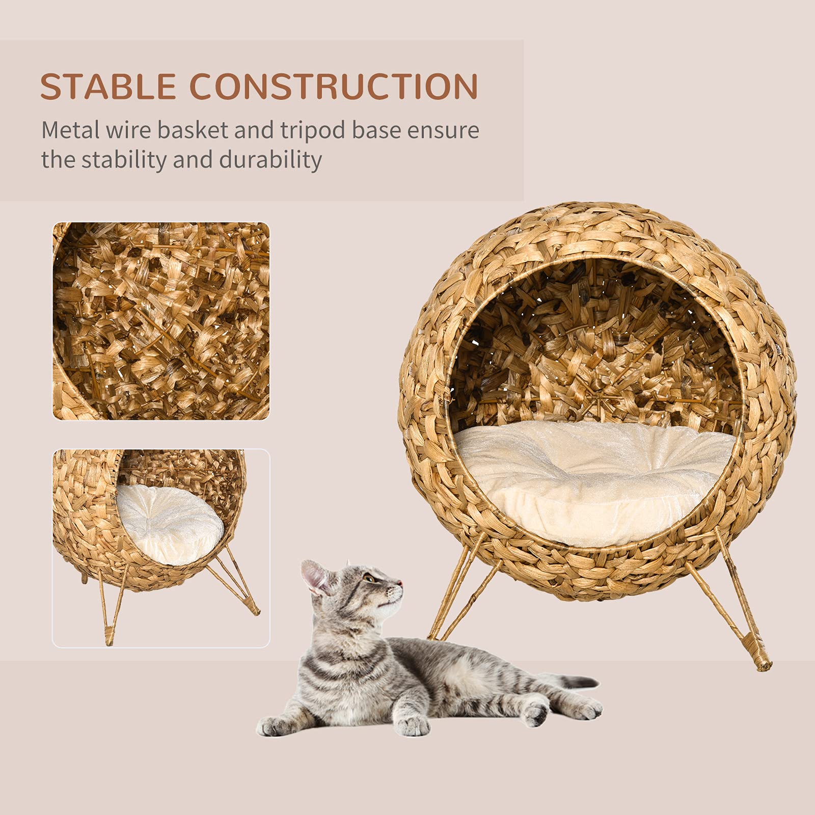 PawHut 20.7" Weaved Cat Bed, Elevated Hand-Woven Braided Banana Leaf Kitten House Condo with Cushion, Natural