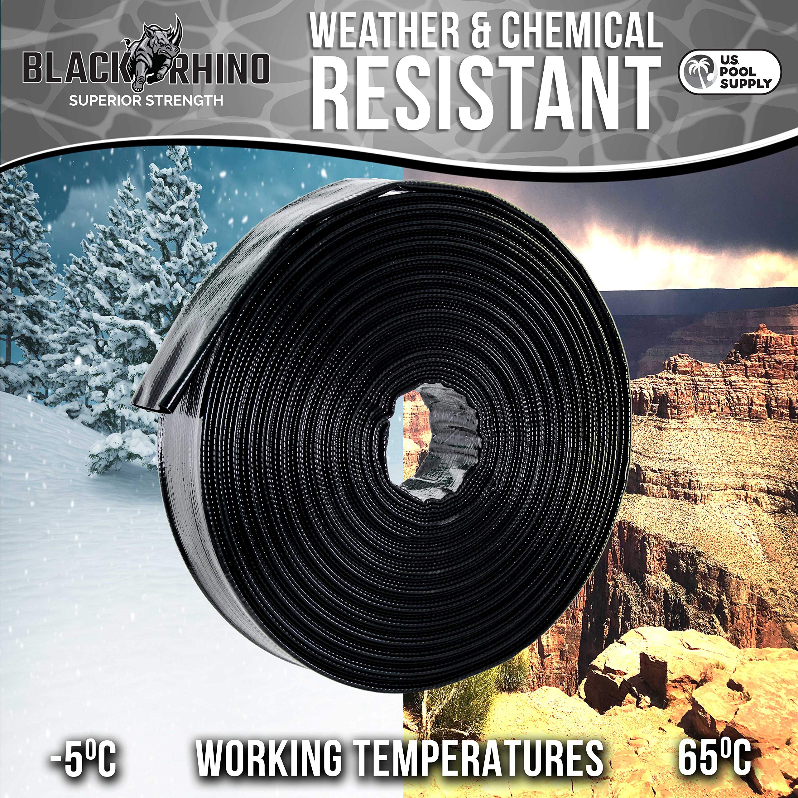 U.S. Pool Supply Black Rhino 1-1/2" x 100' Pool Backwash Hose with Hose Clamp - Extra Heavy Duty Superior Strength, Thick 1.2mm (47mils) - Weather Burst Resistant - Drain Clean Swimming Pools, Filters