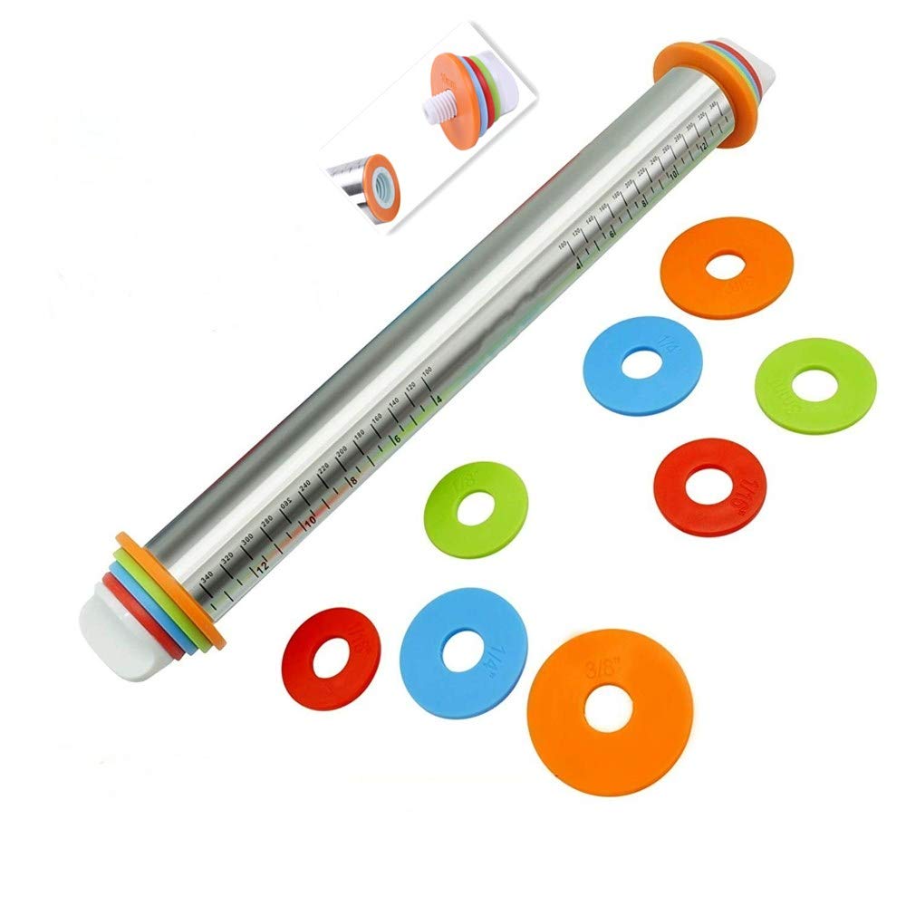 Rolling Pin nonstick and Silicone Baking Pastry Mat combo kit, Adjustable Rolling Pin With Thickness Rings, Rolling Pin for Baking Fondant, Pizza, Pie, Pastry, Pasta, Dough, Cookies (red)
