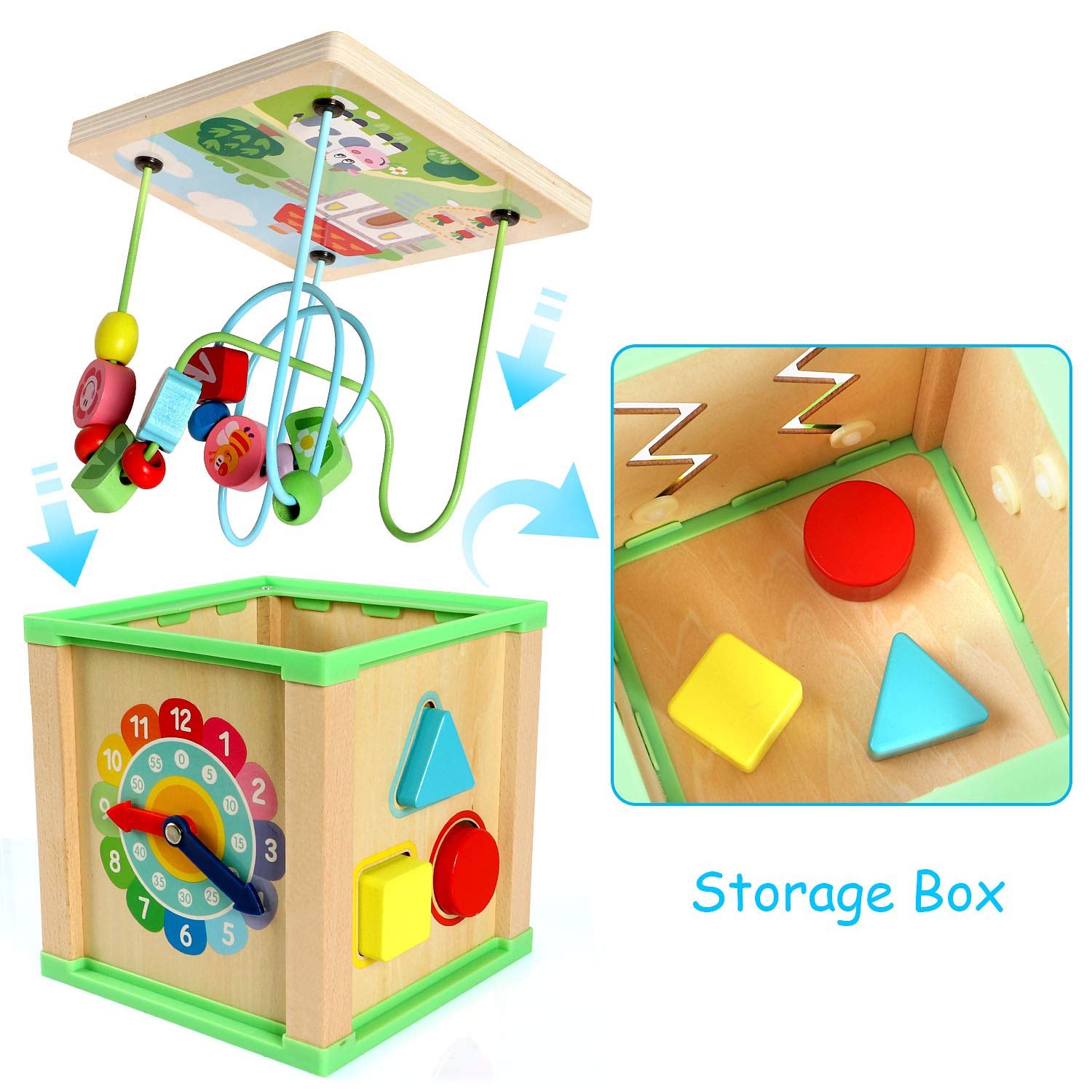 Lewo Wooden Activity Cube Bead Maze Shapes Sorter Educational Toys for Toddler Kids