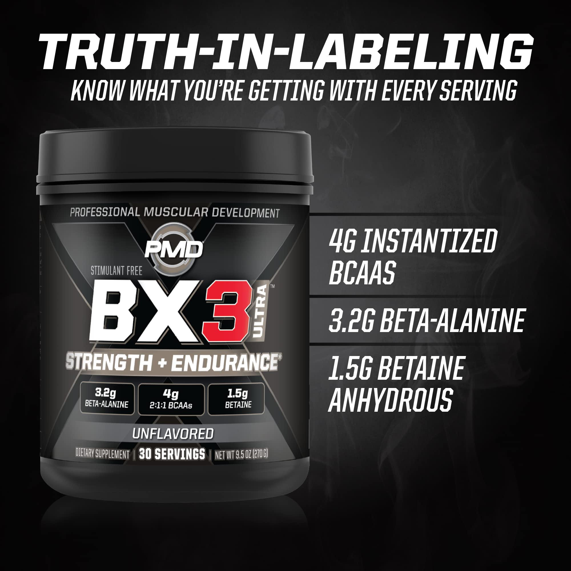 PMD Sports BX3 ULTRA Muscle-Building Powder – Beta-Alanine, BCAAs, Betaine Anhydrous – Boost Endurance and Stamina, Increase Strength, Pumps, Build Lean Mass, Enhance Recovery– Unflavored–30 Servings