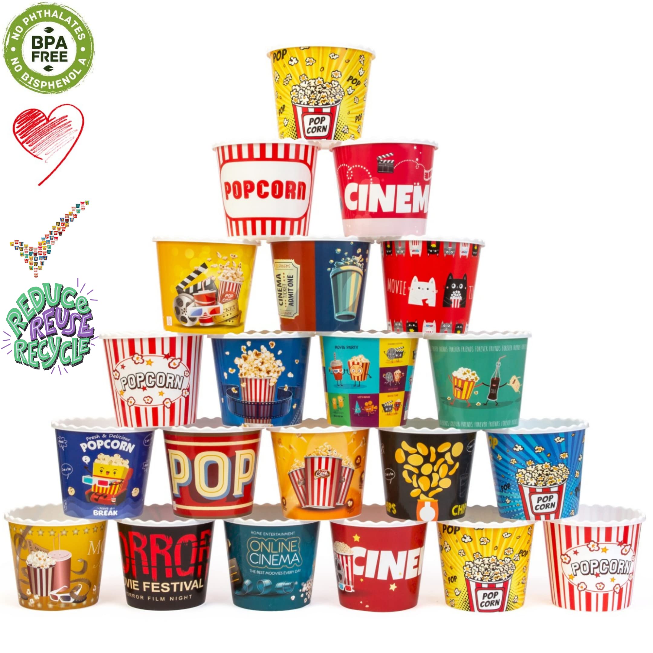 Retro Style Reusable Plastic Popcorn Containers/Popcorn Bowls Set for Movie Theater Night - Washable in The Dishwasher - (BPA Free-4 Pack) (Mix A)