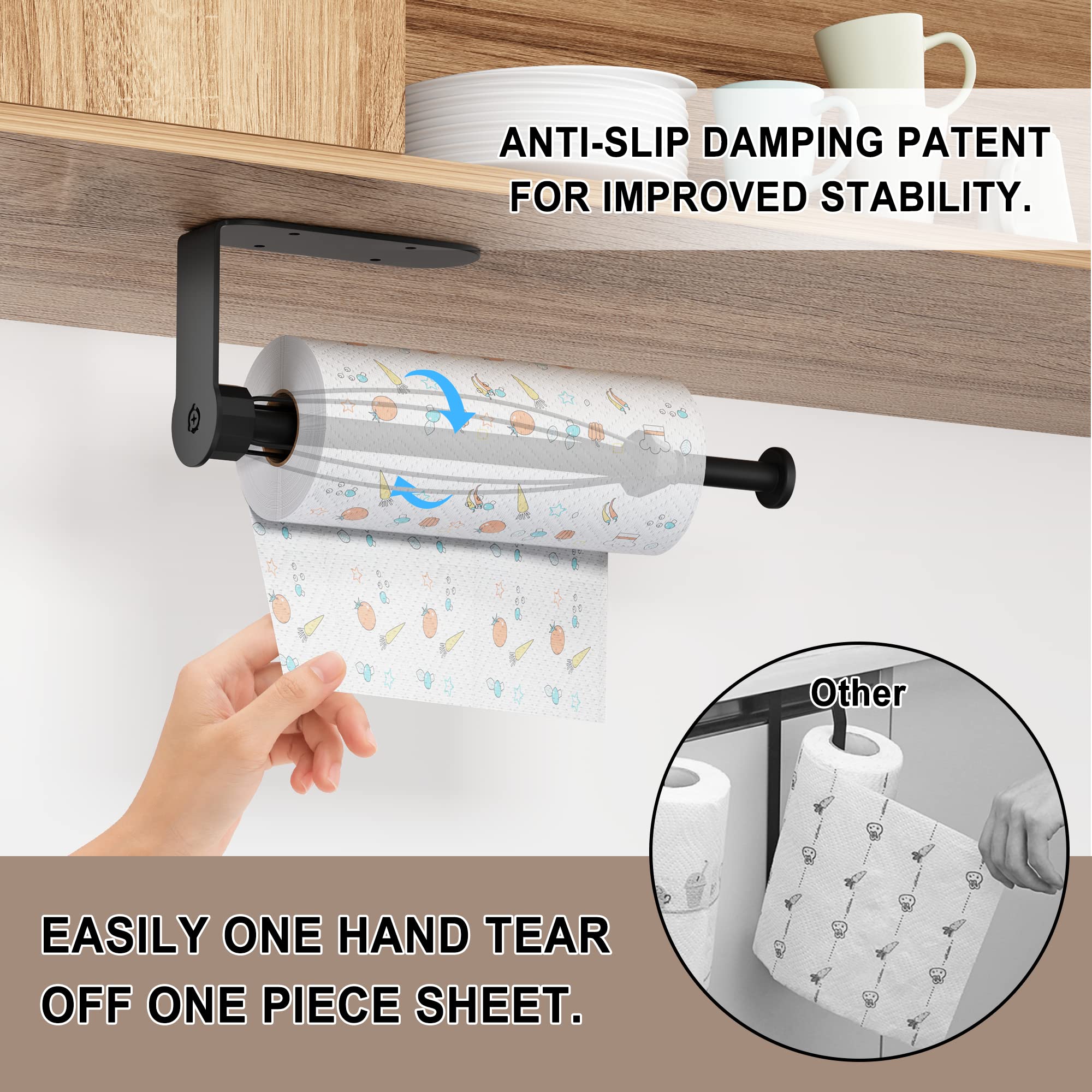 Paper Towel Holder Under Cabinet โ Enkrio Easy Tear Paper Towel Holder Wall Mount with Damping Design - Self Adhesive Paper Towel Roll Holder for Kitchen RV Bathroom, Black