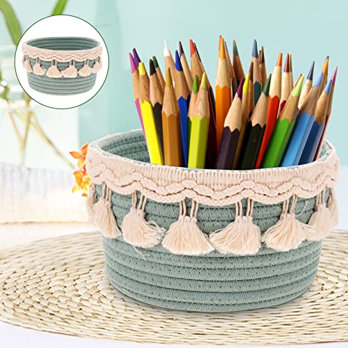 Woven Basket Small Woven Storage Basket Decorative Cotton Rope Basket with Tassel Woven Nursery Hamper Storage Bin for Blankets Towels Toilet Paper Green Bathroom Basket