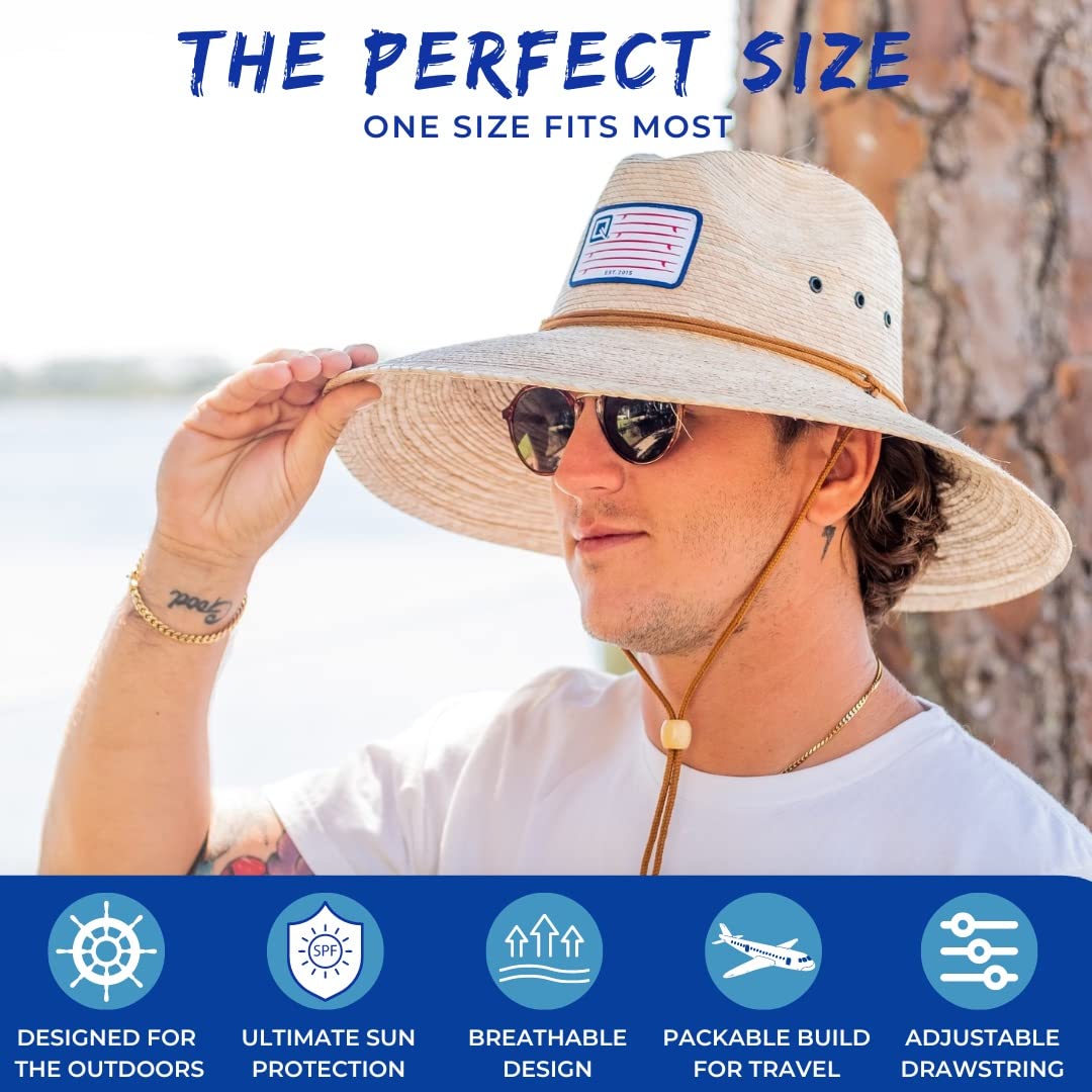 Qwave Packable Straw Hat, Lifeguard Hat for Men and Women, Stone Washed Beach Straw Hat, Protection from Summer Sun Hat - American Flag Surfboard