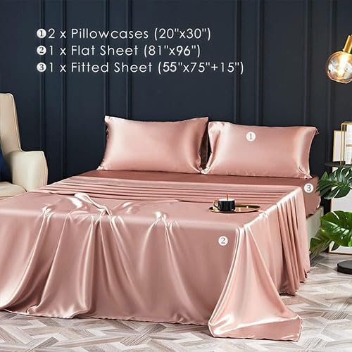 Koreyoshi 4 Pcs Satin Sheets Full - Luxury Silk Silky Super Soft Extra deep Pocket Full Sheet Sets - Wrinkle & Fade Free - Deep Pocket Fitted Sheet, Flat Sheet, Pillow Cases (Pink Champagne, Full)