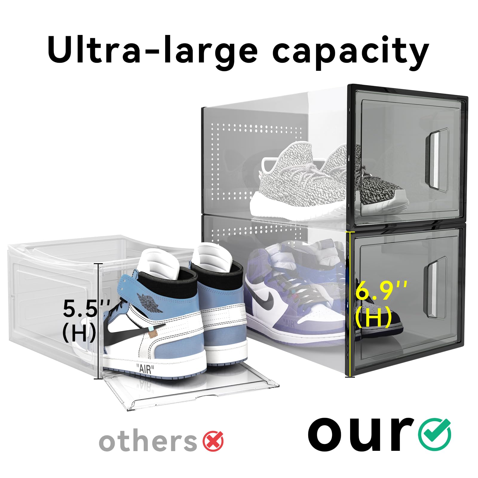ZZCZZ X-Large Shoe Storage Boxes 12 Pack, Shoe Organizer for Closet, Clear Plastic Substitute Shoe Rack Foldable Durable, Fit for Women/Men High-top shoes, white