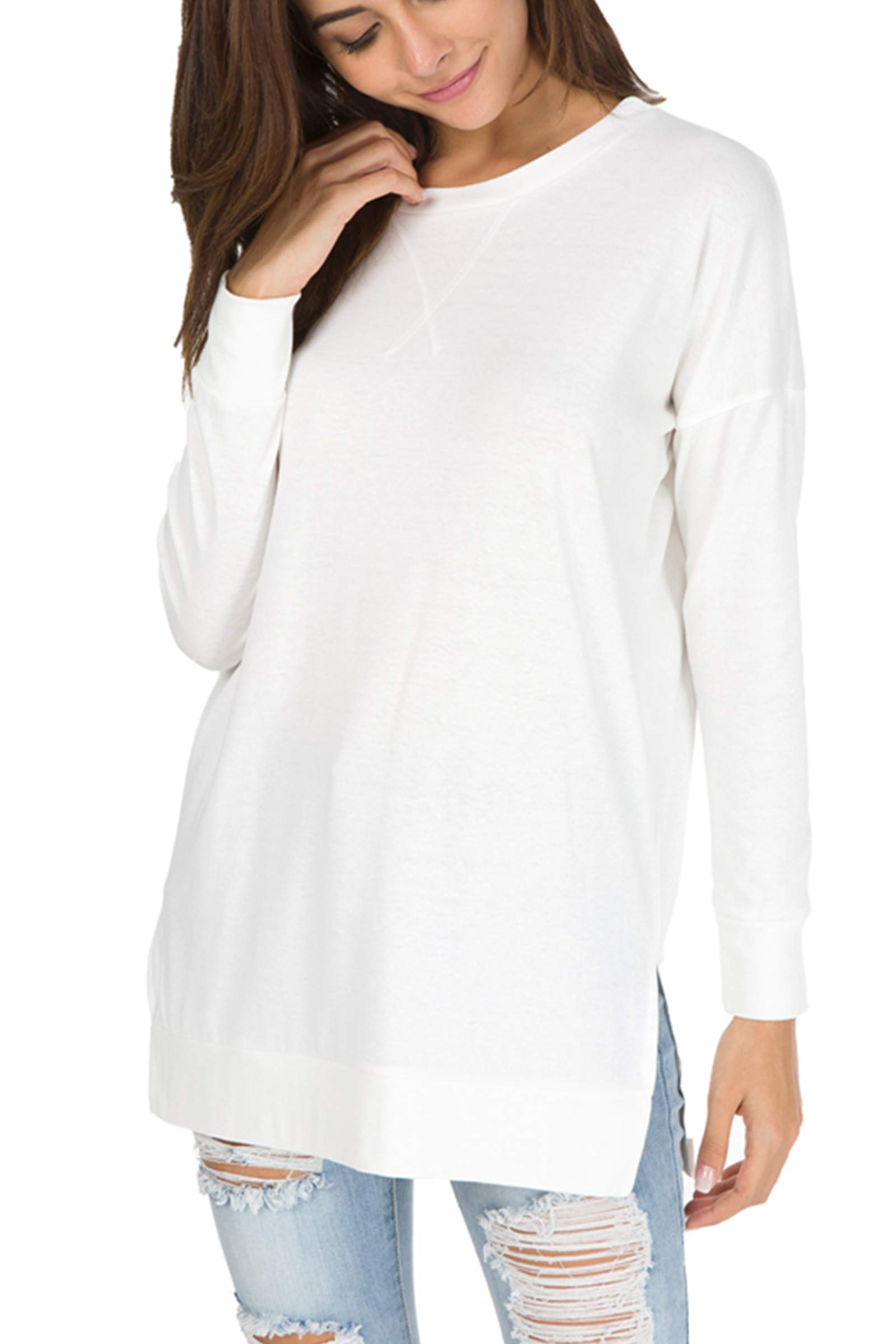 levaca Womens Fall Long Sleeve Sweatshirt Side Split Loose Casual Tunic Tops White XL