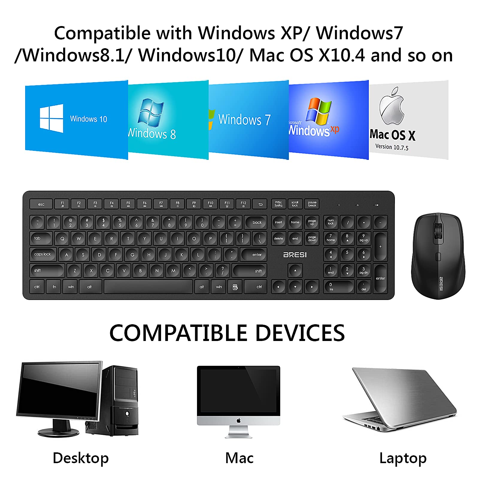 Wireless Keyboard Mouse Combo, BreSii Wireless Keyboard and Mouse Computer Keyboards Mouse Full-size Silent Slim 2.4GHz USB For kids E-Learning PC Desktop Computers Notebook Laptop Windows Office Home