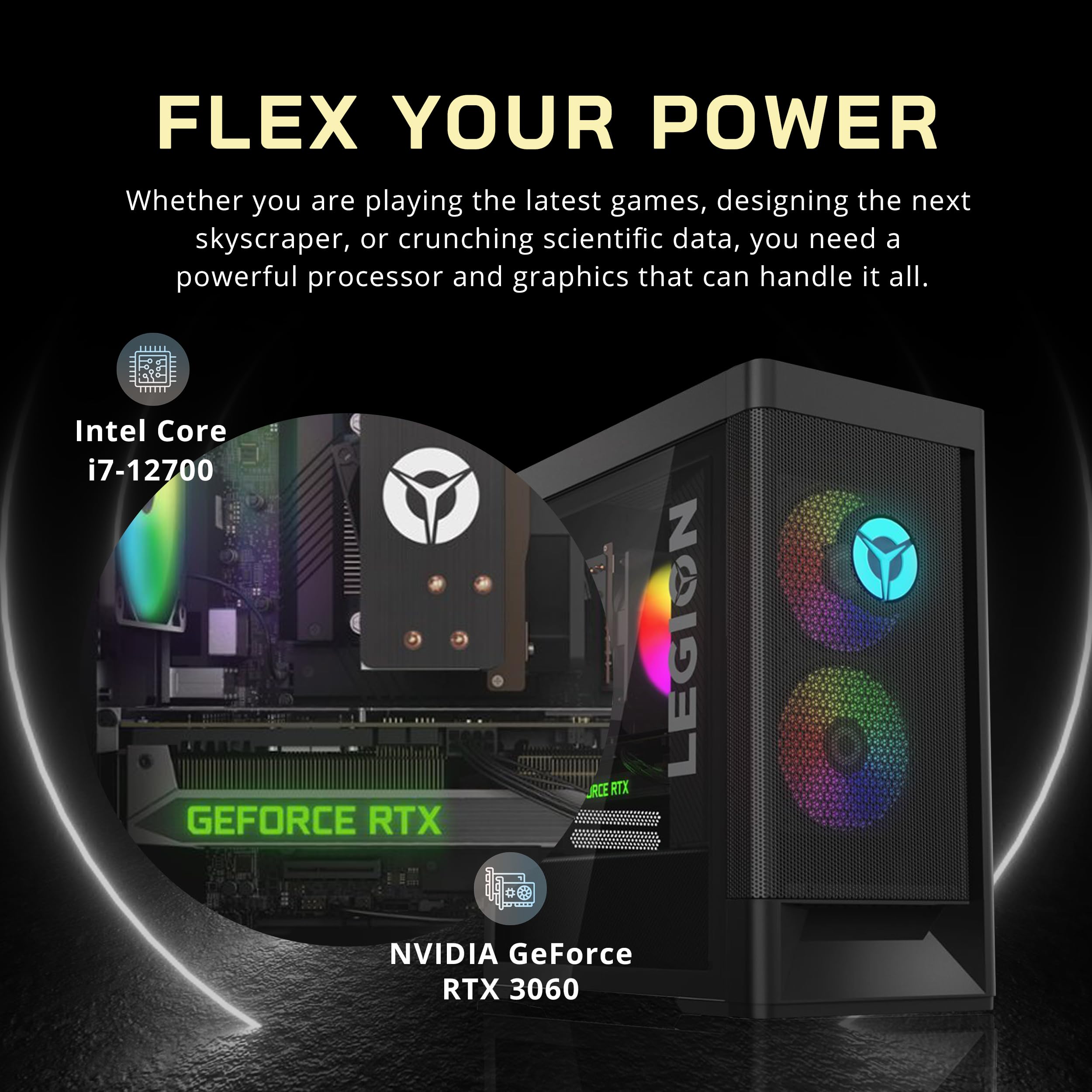 LENOVO Legion 5i Tower Gen 7 Gaming Desktop, Intel Core i7-12700 Processor, 64GB DDR5 RAM, 2TB PCIe SSD + 4TB HDD, NVIDIA GeForce RTX 3060 12G DDR6, Win 11 Pro, Black, 32GB Hotface USB Card