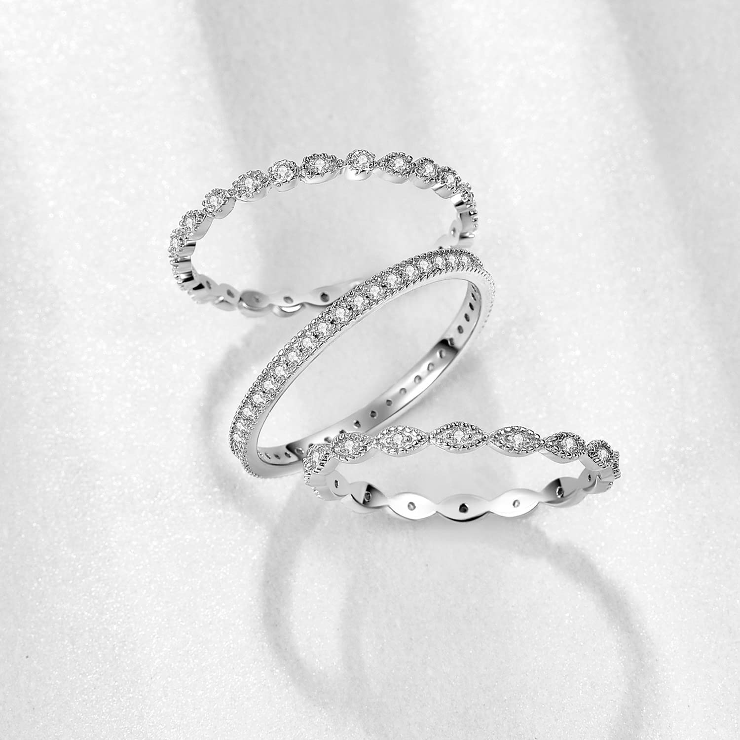 OLIVIASO 3 Pcs 925 Sterling Silver Bridal Rings Set for Women Cubic Zirconia Engagement Wedding Rings Set for Her Eternity Bands Stackable Rings Size 5-10 silver