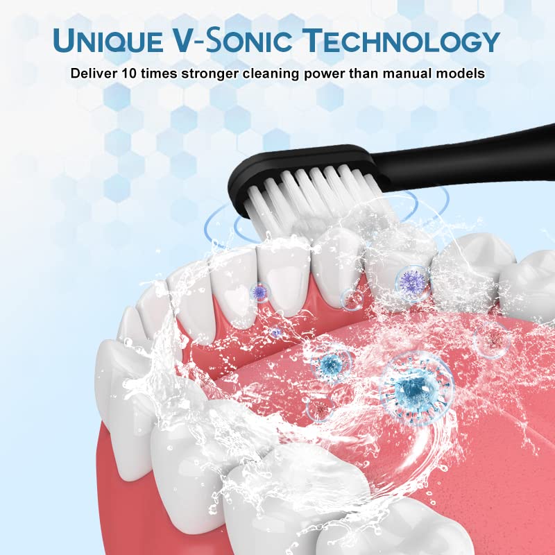 TETHBY Electric Toothbrush with 4 Toothbrush Heads,Sonic Rechargeable Toothbrushes 5 Optional Modes,IPX7 Whitening Electric Tooth Brushes 4 Hours Charge for 30 Days,Tooth Brushes 2-Minute Timer, Black