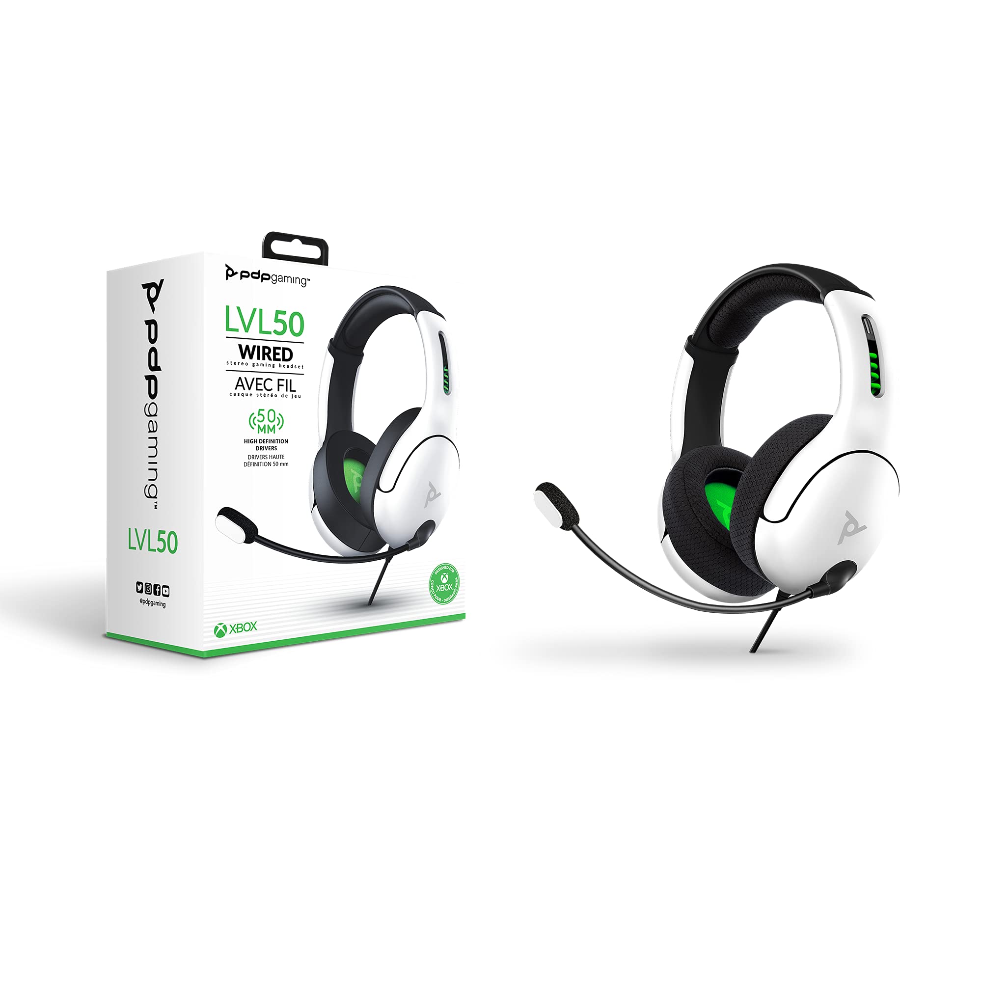 PDP Gaming LVL50 Wired Power Stereo Xbox Headset with Mic - Xbox Series X, S, Xbox One, Xbox Accessory, Windows Sonic, Comfortable Memory Foam, Lightweight, Audio Jack Spatial Sound - White