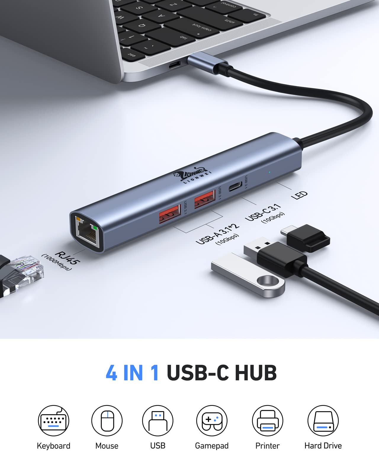 USB C Hub with Ethernet 10Gbps USB 3.1, LIONWEI 4 IN-1 USB C Splitter for MacBook with 2 USB 3.1 Port, USB C 3.1 Port & 1000M Ethernet, Portable Adapter for Laptop, PC, Smartphone Plug and Play Dongle