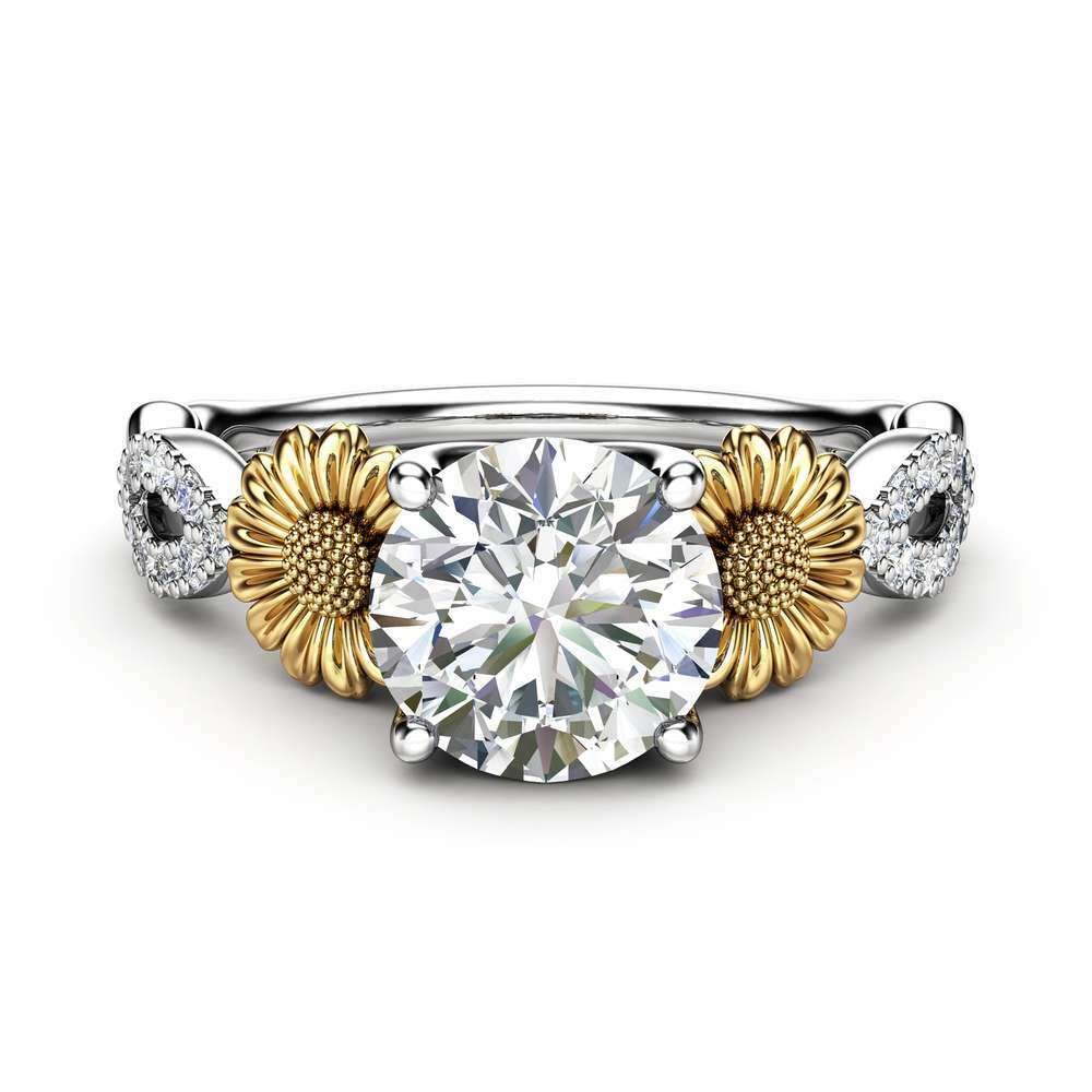 Reyansh Fashion Created Round Cut White Diamond 925 Sterling Silver 14K White Gold Finish Diamond Sunflower Flower Split Bridal Engagement Ring for Women's
