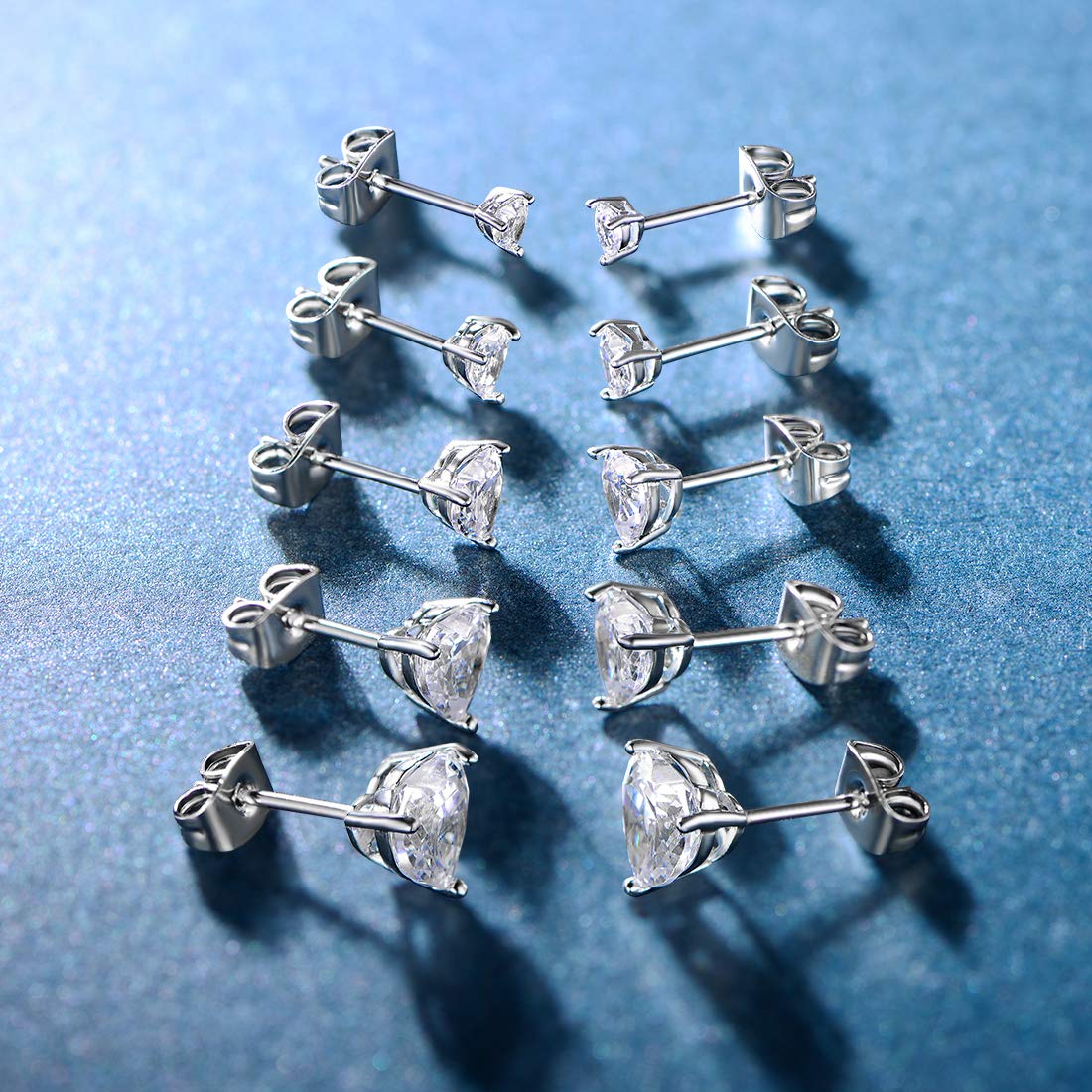 MDFUN 18K White Gold Plated Heart Shape Cut Cubic Zirconia Birthstone Stud Earring Pack of 5 Pairs (4-April-Diamond)