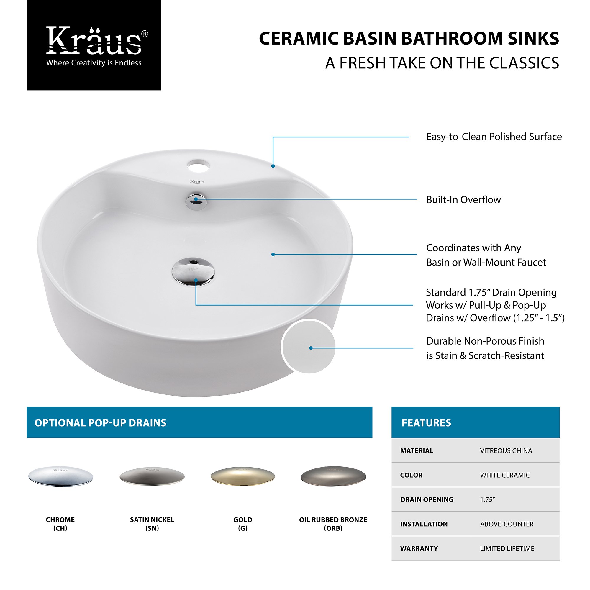 Kraus KCV-142-SN White Round Ceramic Bathroom Sink and Pop Up Drain with Overflow Satin Nickel