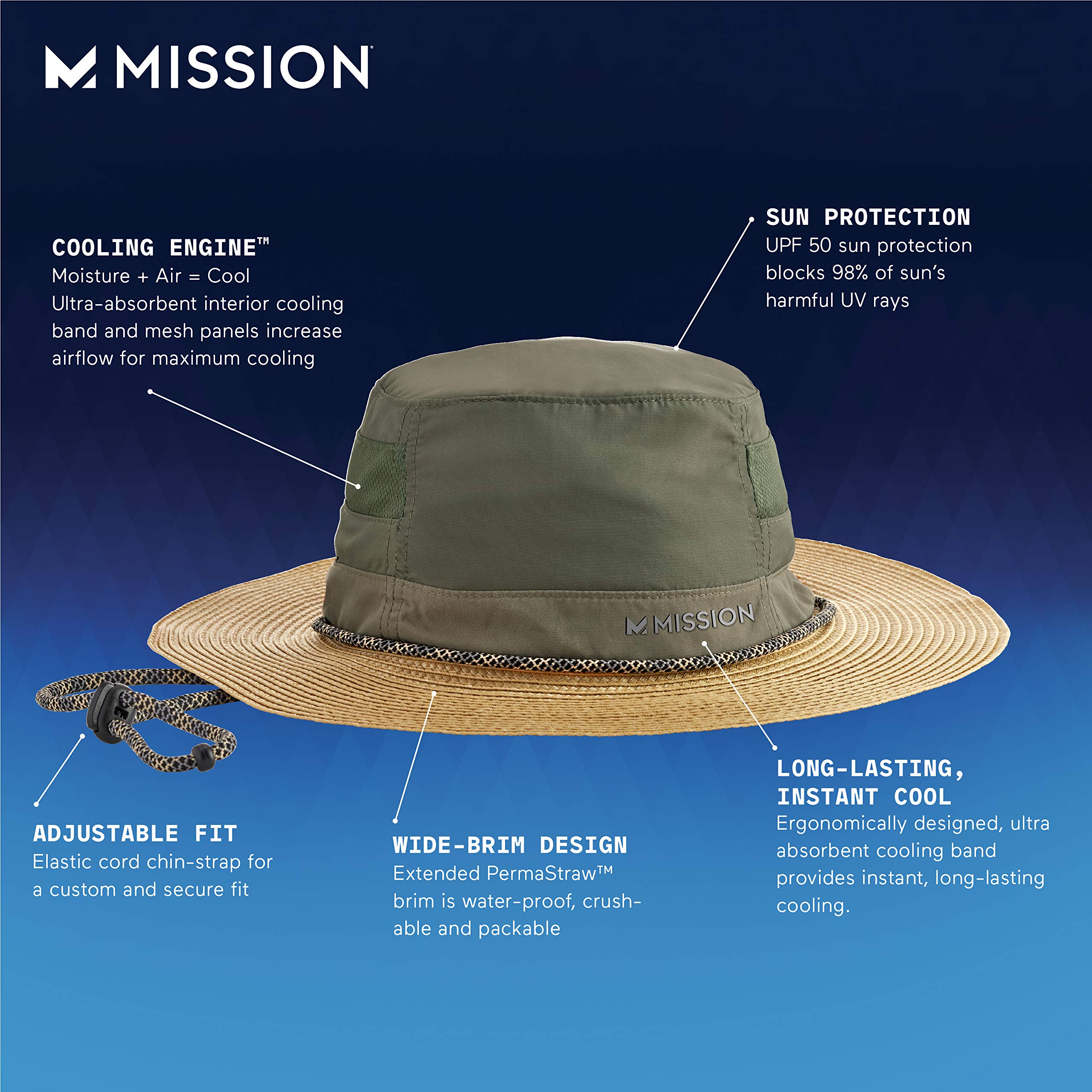 MISSION Mixed Media Cooling Hat- Instant Cooling Technology, Wide Straw Brim, UPF 50 Sun Protection- Olive