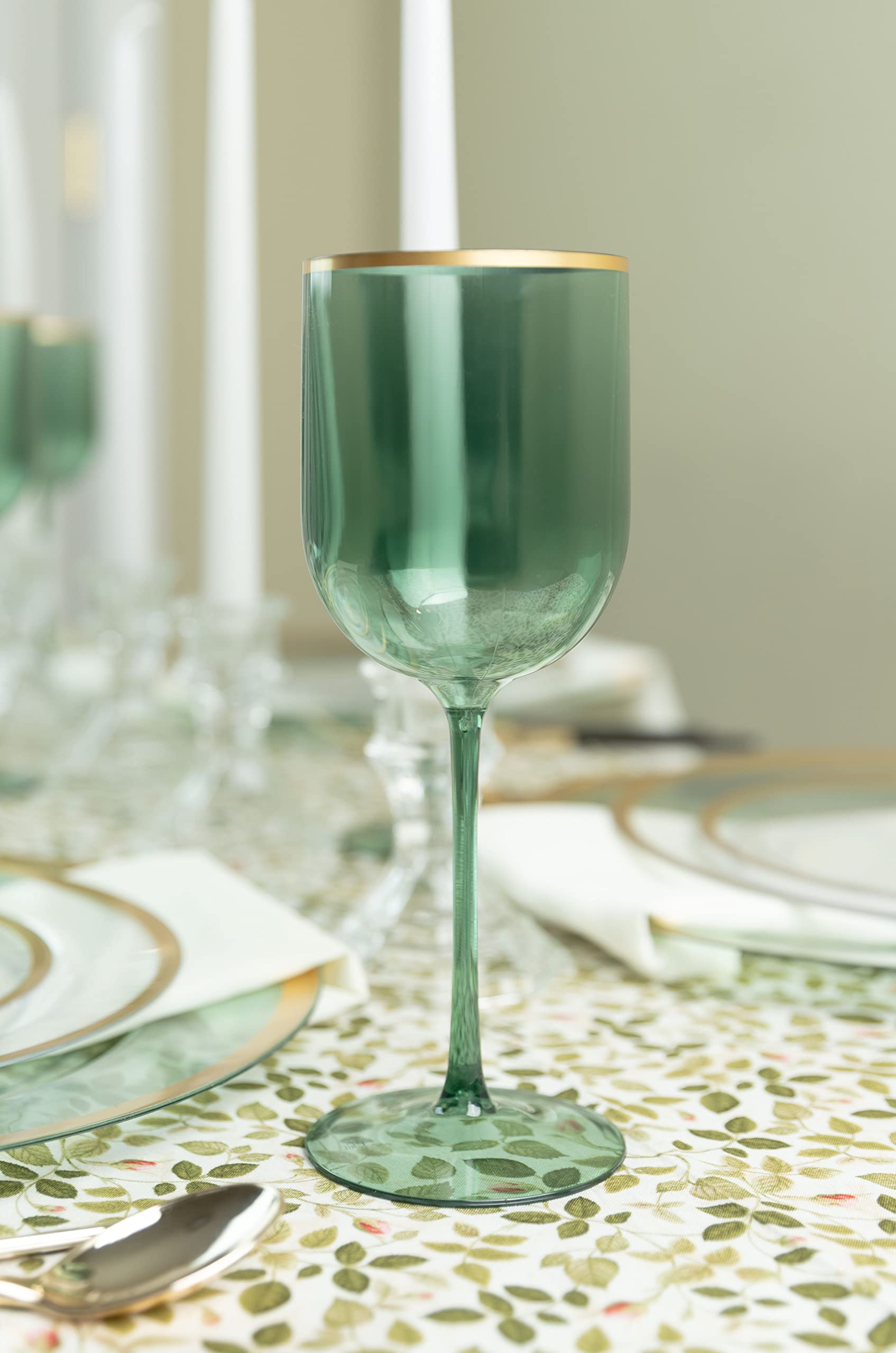 PLASTICPRO Green Wine Cup with Gold rim Plastic Wine Glasses Set of 10 Elegant Wine Goblets Hard Plastic Wine Cups on Stem 12 Ounce Christmas Cups