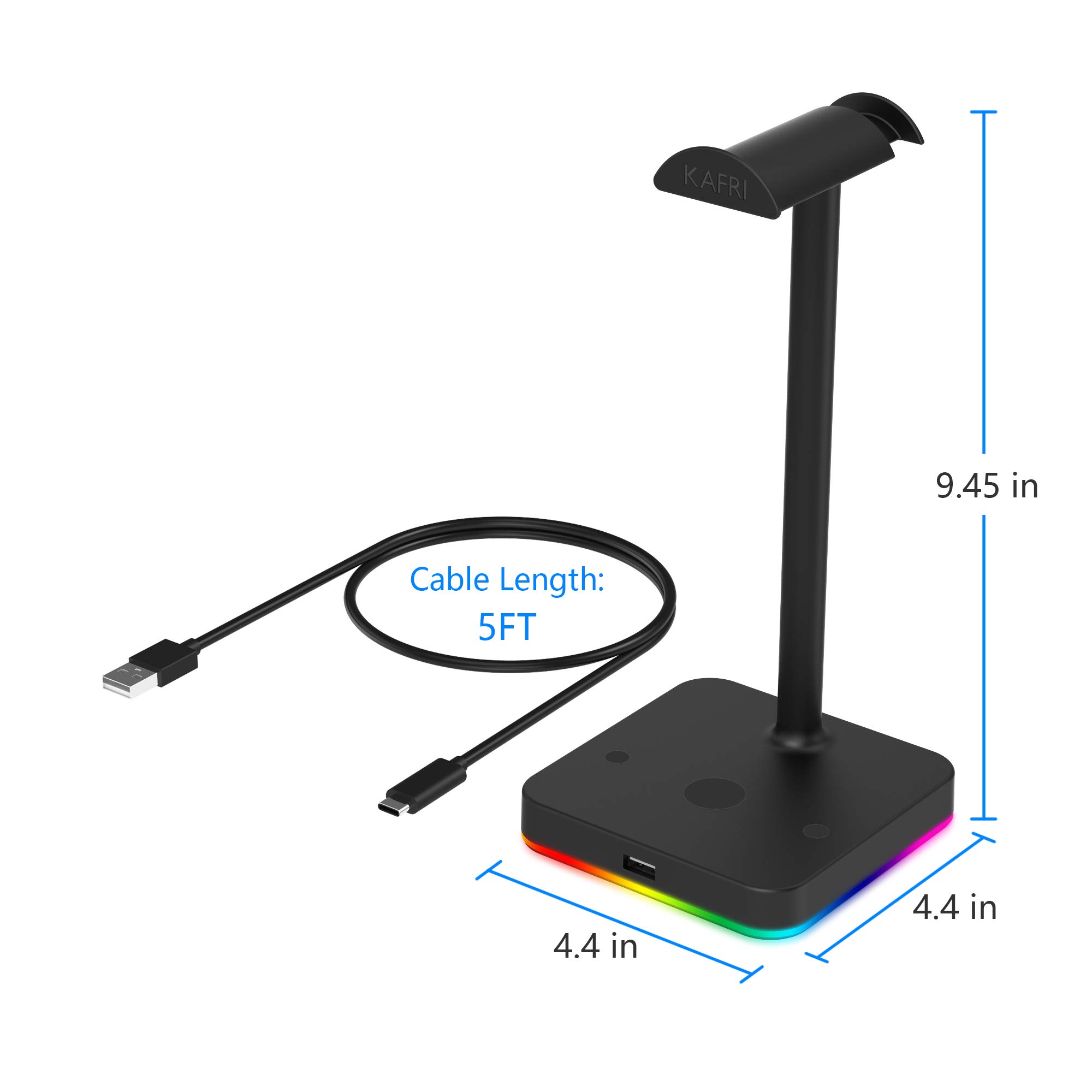 RGB Headphone Stand with USB Hub KAFRI Desk Gaming Headset Holder Hanger Rack with 1 USB2.0 Extension Charging Port Extender Cord - Suitable for Gamer Desktop Table Game Earphone Accessories (Renewed)