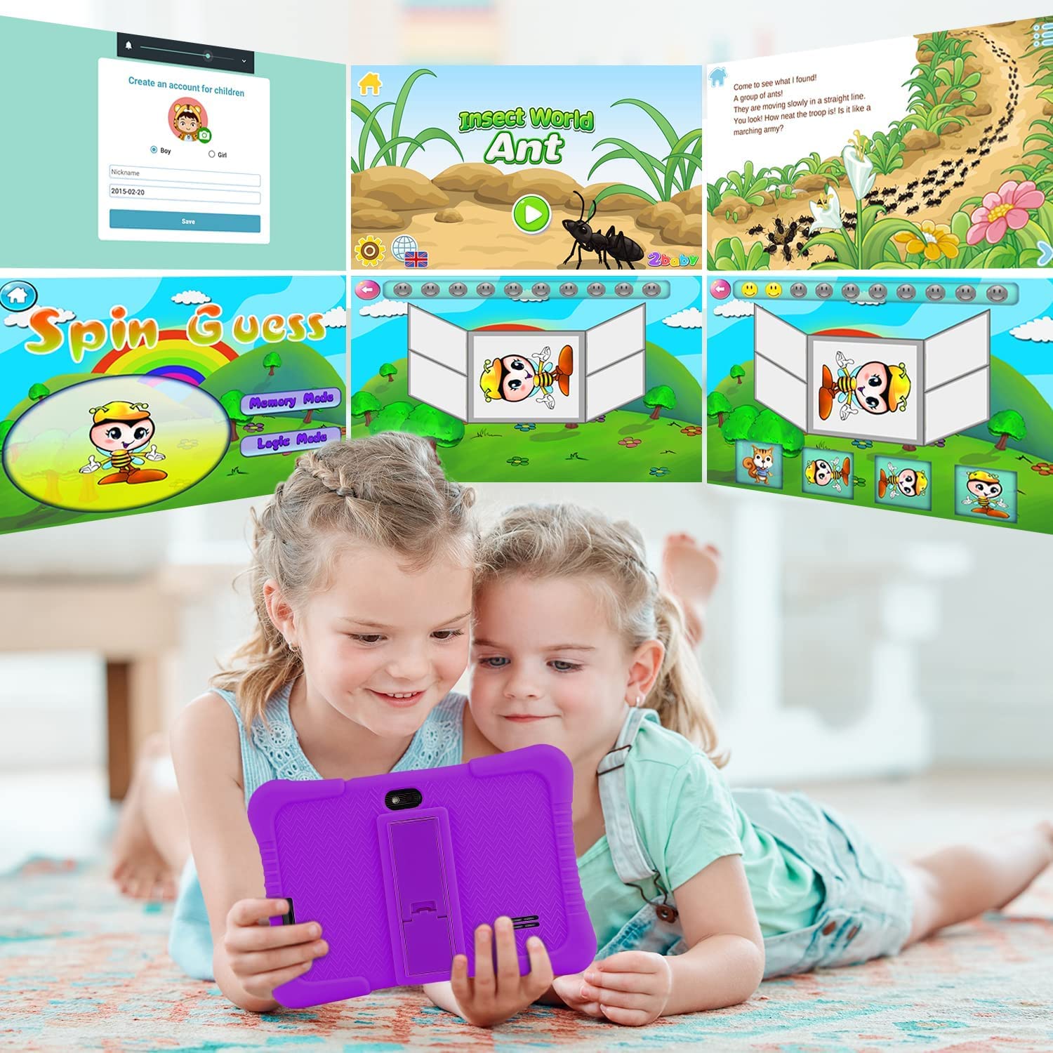 Veidoo Kids Tablet, 7 inch Android Tablet PC, 1GB RAM 16GB ROM, Safety Eye Protection Screen, WiFi, Bluetooth, Dual Camera, Educational, Games, Parental Control APP, Tablet with Silicone Case(Purple)