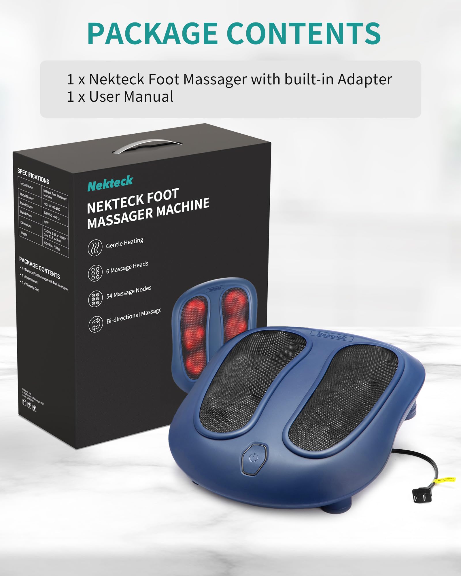 Nekteck Foot Massager with Heat, Shiatsu Heated Electric Kneading Foot Massager Machine for Plantar Fasciitis, Built-in Infrared Heat Function and Power Cord(Blue)