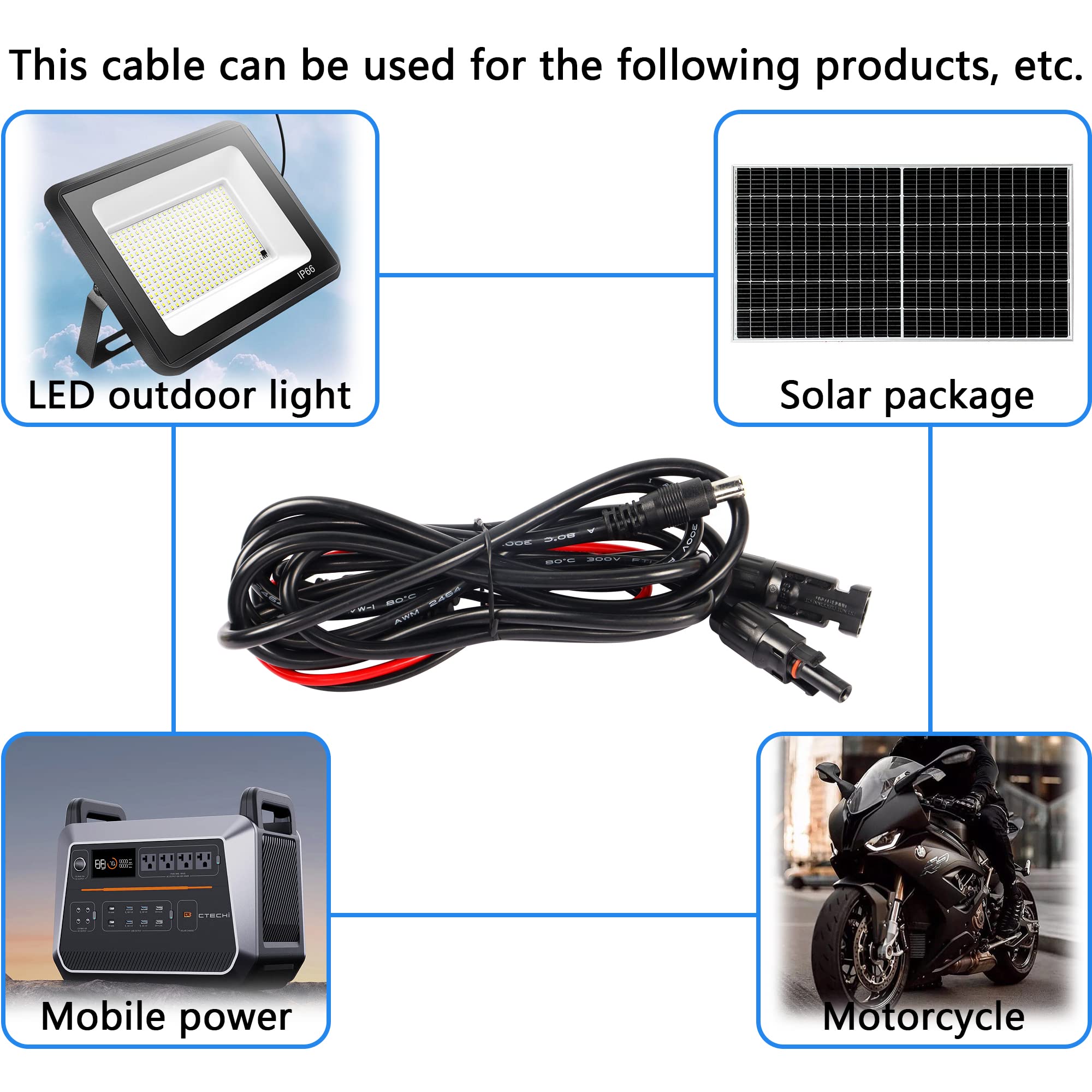 SinLoon Solar Panel Connector to DC 8mm Adapter Cable, IP68 Waterproof Y Branch Solar Extension Cable, with 5.5x2.5mm Converter Solar Cable for Solar Generator Portable Power Station (3M DC 8mm)