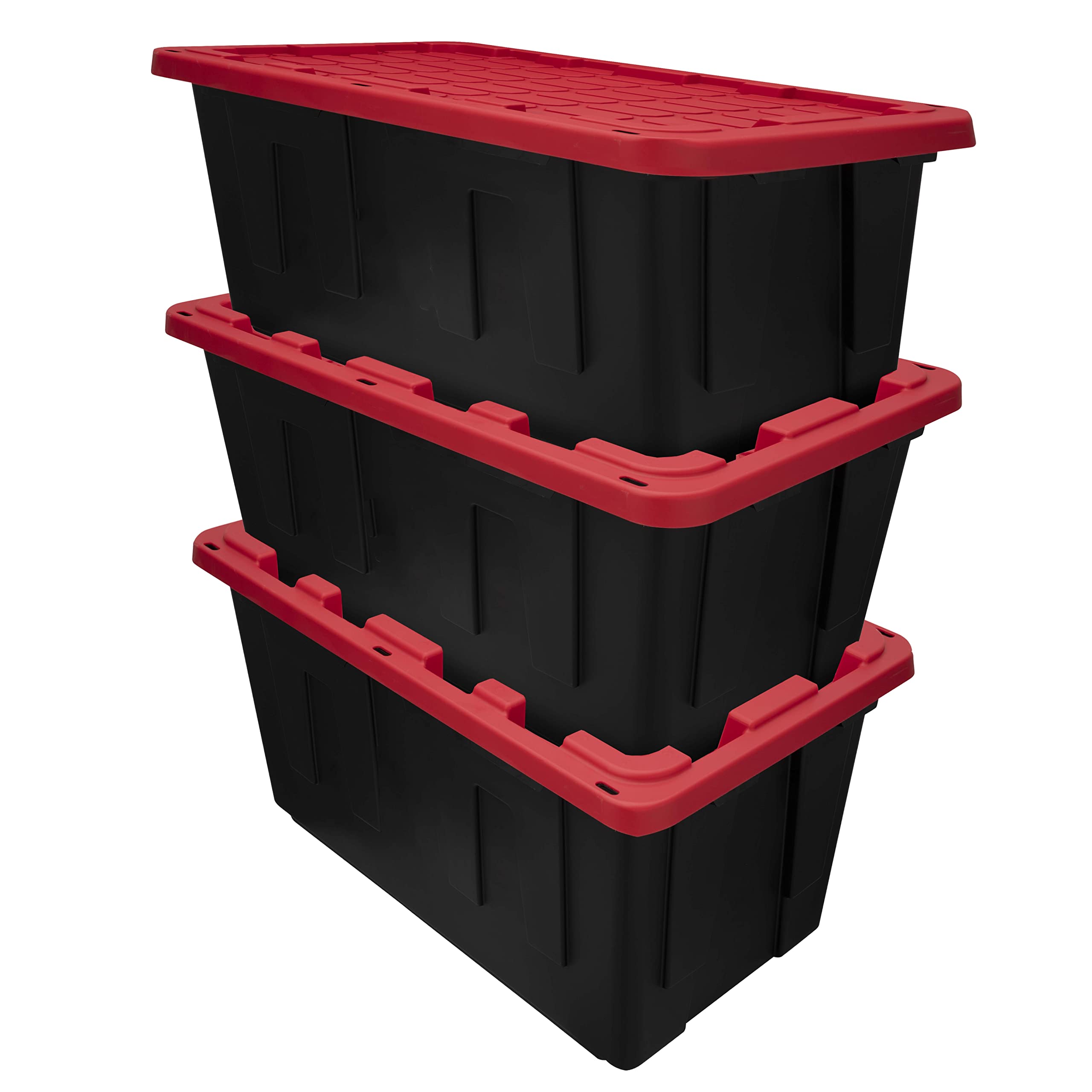NUrii 40 Gallon Snap Lid Plastic Storage Bin Container, Black with Red Lid, Set of 3 Big Plastic Storage Box