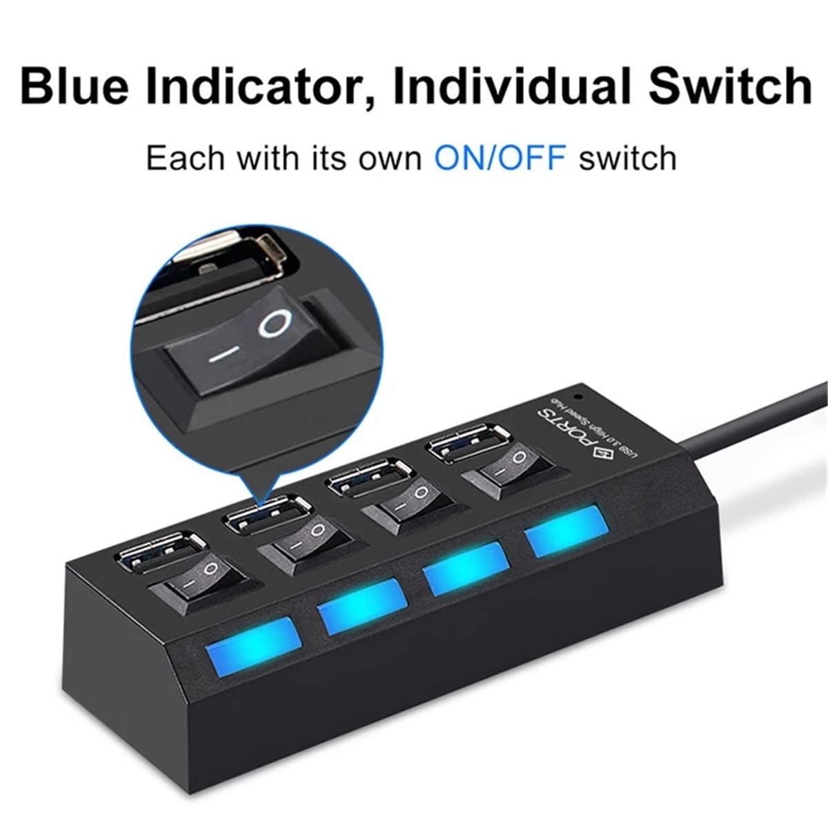 TXY 4 Port High Speed HUB USB 2.0 Hub Power On/Off Switch LED for PC Laptop USB Hub Splitter USB Adapter (Black)