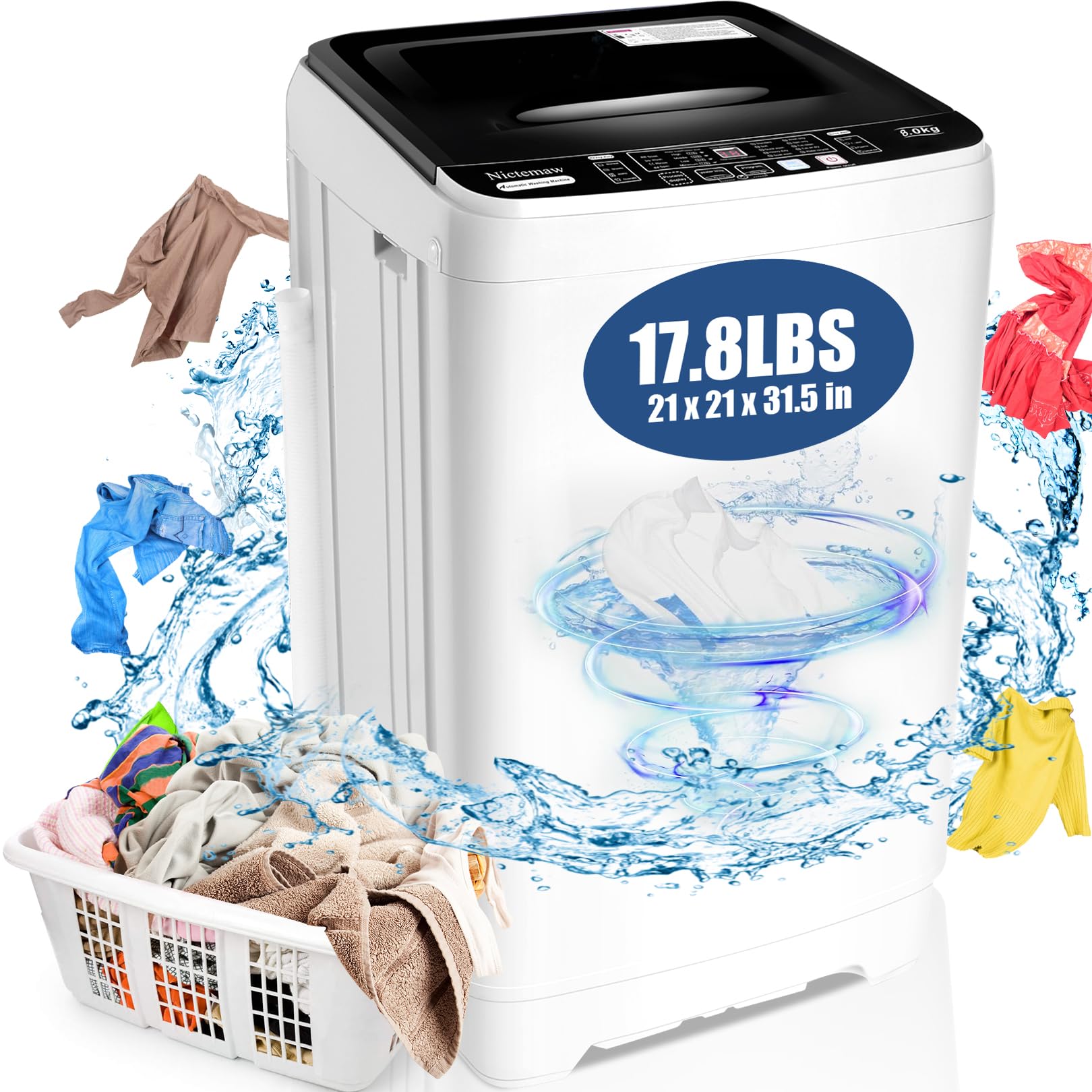 Nictemaw Portable Washing Machine 17.8 Lbs Mini Compact Washing Machine Washer Laundry Washer And Dryer With Drain Pump, 10 Programs Selections with LED Display Low Noise and Easy Store for Apartments