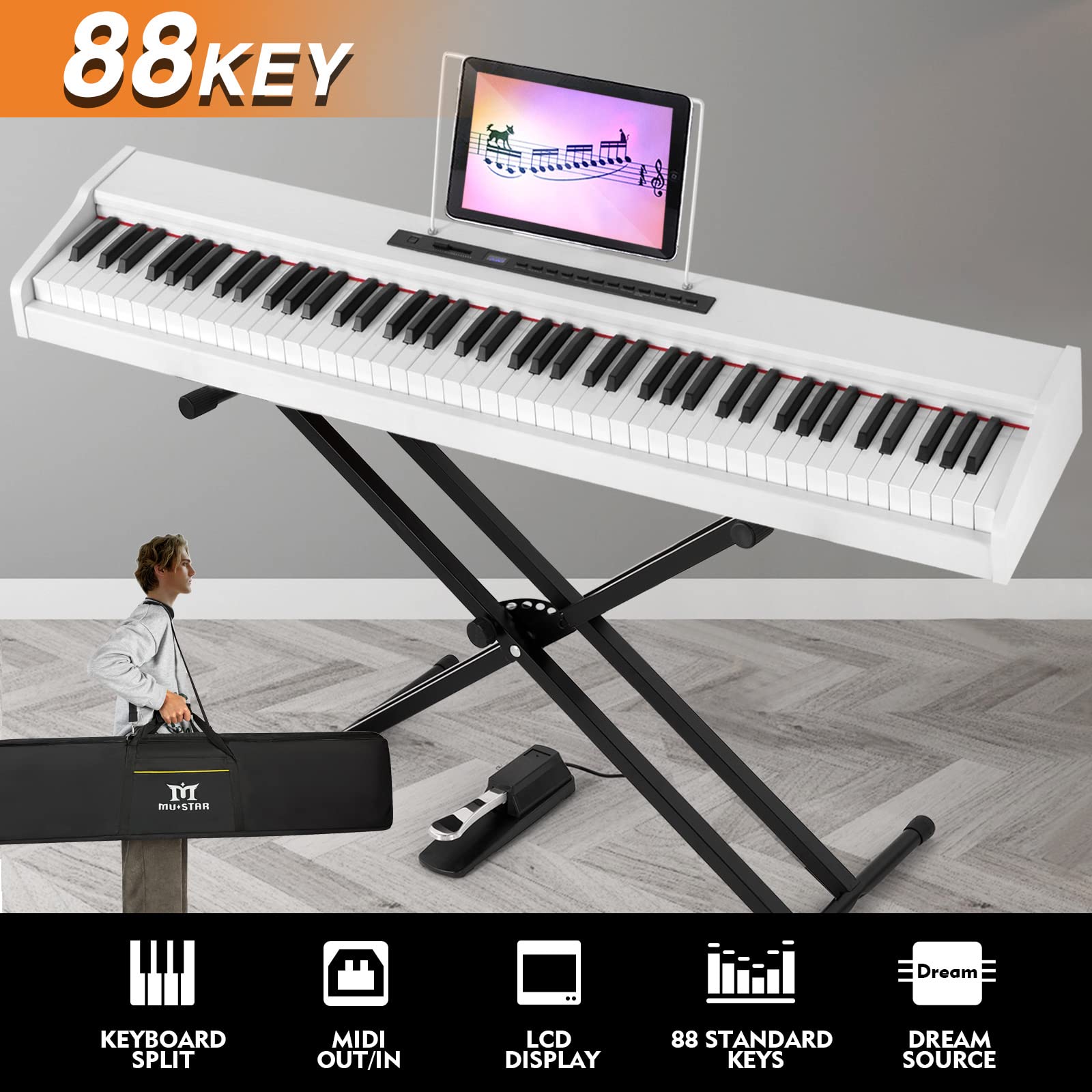 Mustar 88-Key Electronic Digital Piano, Semi Weighted Keys, MDF, Double tube Stand, MIDI USB, Sustain Pedal, Storage Bag, Power Supply, Built-in speaker (White)