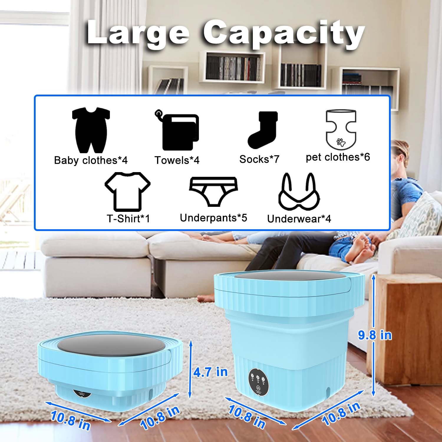 YLTIMER Portable Washing Machine, 8L Small Foldable Washing Machine with Spin,Collapsible Mini Washer and Dryer for Travel, Apartment, Socks, Underwear (Blue)