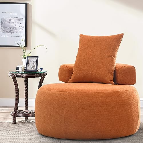 LIADTOP 32" Solid Wood Pillow, Easy to Move Modern Chenille Reading Chair, High-Stretch Round Sofa for Bedroom, Living Room, Lounge, Hotel,Orange