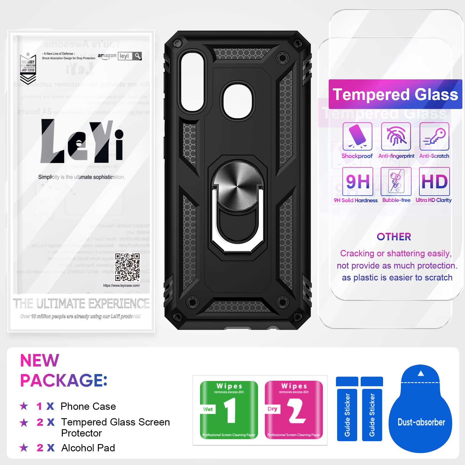 LeYi Compatible for Samsung Galaxy A20/ A30 Case (Not Fit A20S) with Tempered Glass Screen Protector, [Military-Grade] Magnetic Car Mount Kickstand Phone Cover Case for Samsung A20/ A30 (Black)