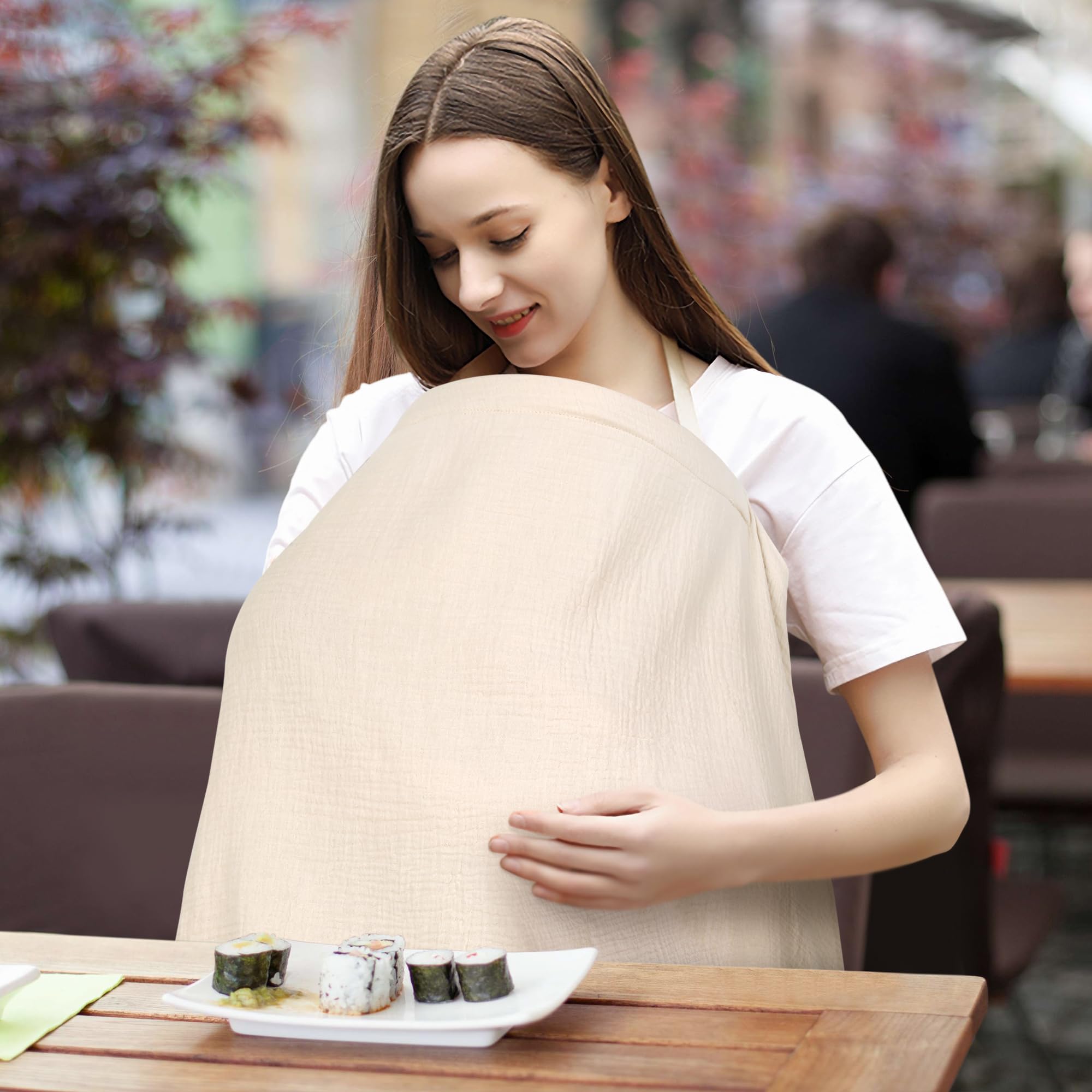 Muslin Nursing Covers for Breastfeeding, MVUOCR 100% Cotton Breastfeeding Cover for Mom, Multi-use Nursing Apron with Drawstring Bag, Soft and Breathable Privacy Nursing Covers with Wooden Hoop