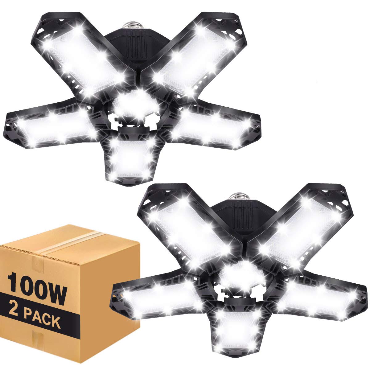Led Garage Lights 2 Pack 100W Deformable Garage Ceiling Light for Garage Lighting Fixtures with 5 Adjustable Panels 10000LM 6500K Tribright Garage Light LED Shop Lights for Garage Warehouse Workshop