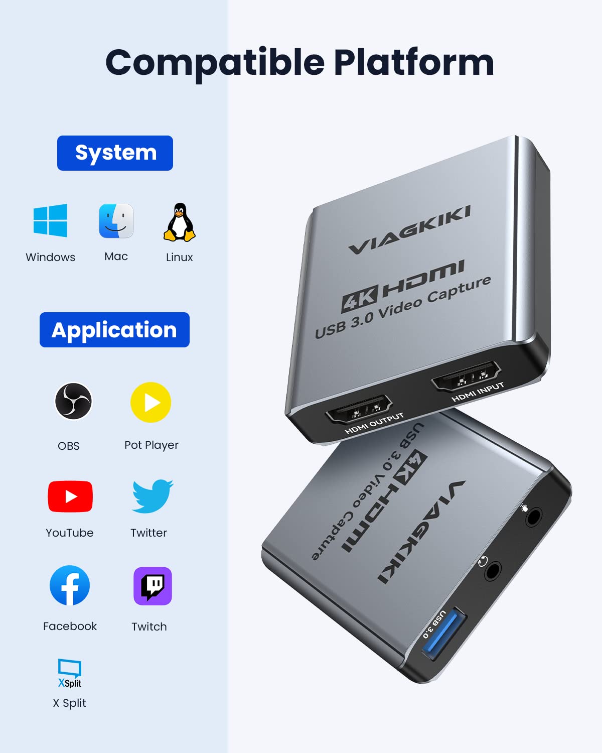 Video Capture Card, Viagkiki 4K HDMI Capture Card,Game Capture Card for Live Streaming/Video Recording/Screen Sharing/Game Playing, Recording Work with PC/PS4/XBOX/Switch/DSLR/OBS