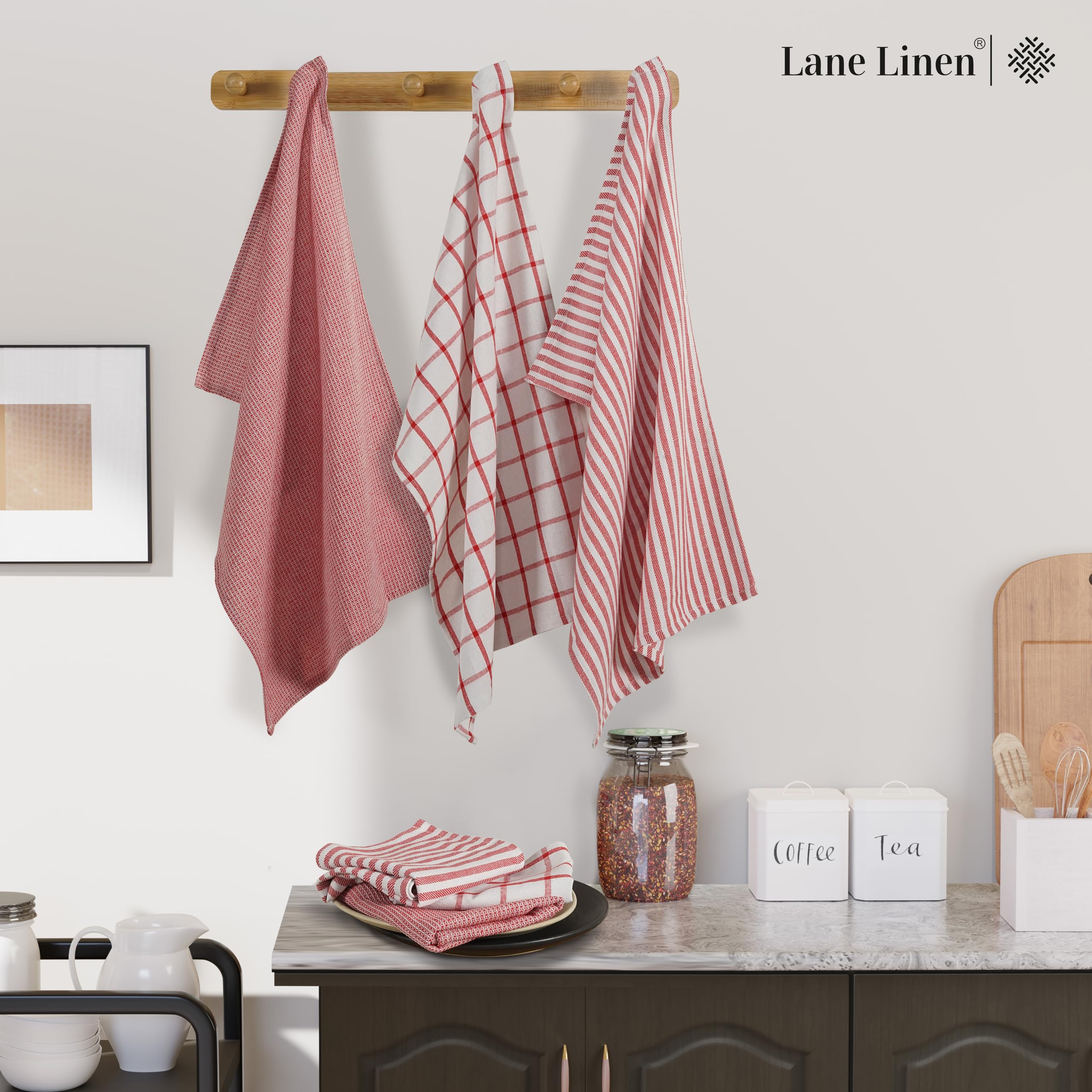 LANE LINEN Kitchen Towels Set - Pack of 6 100% Cotton Dish Towels for Drying Dishes, 18βx 28β, Kitchen Hand Towels, Absorbent Tea Towels, Premium Dish Towels for Kitchen, Quick Drying - Red