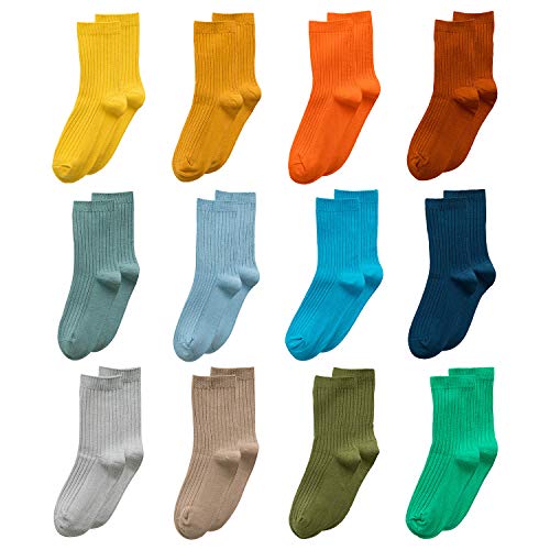 MINI PANDA Boys Socks Crew Socks for Girls 4-6 Years 6-8 Years 8-10 Years 12 Pairs (multicolor-B, 7-9 Years)