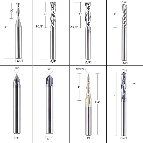 SpeTool 8Pcs Carbide CNC Router Bits Set 1/4 Inch Shank for Woodworking Detail Carving Trimming V Groove Engraving Slotting Mortise