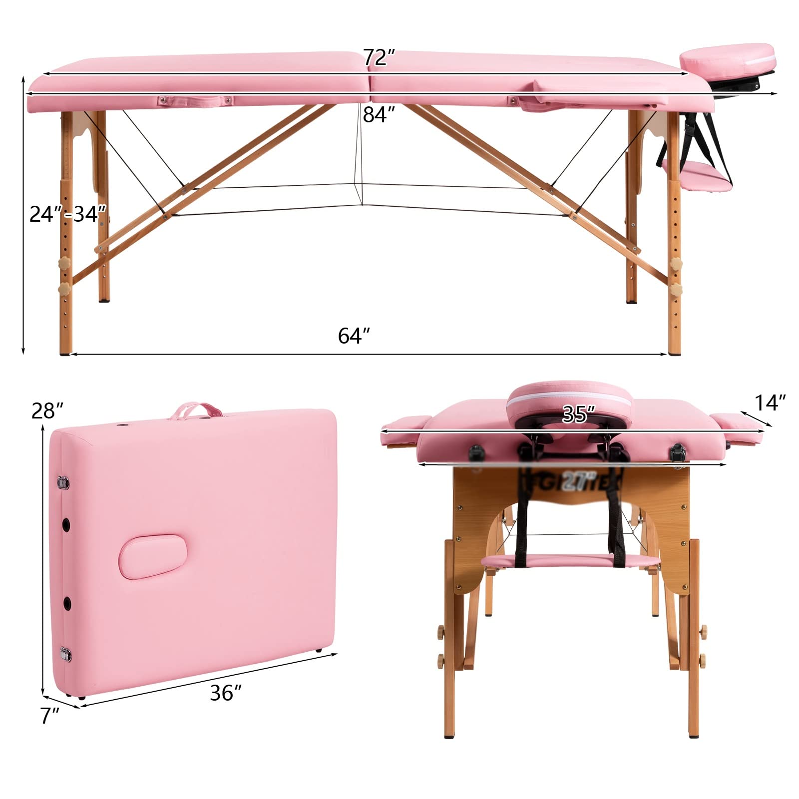 ZHYH 84" L Portable Massage Table Adjustable Spa Bed Tattoo w/Carry Case Pink