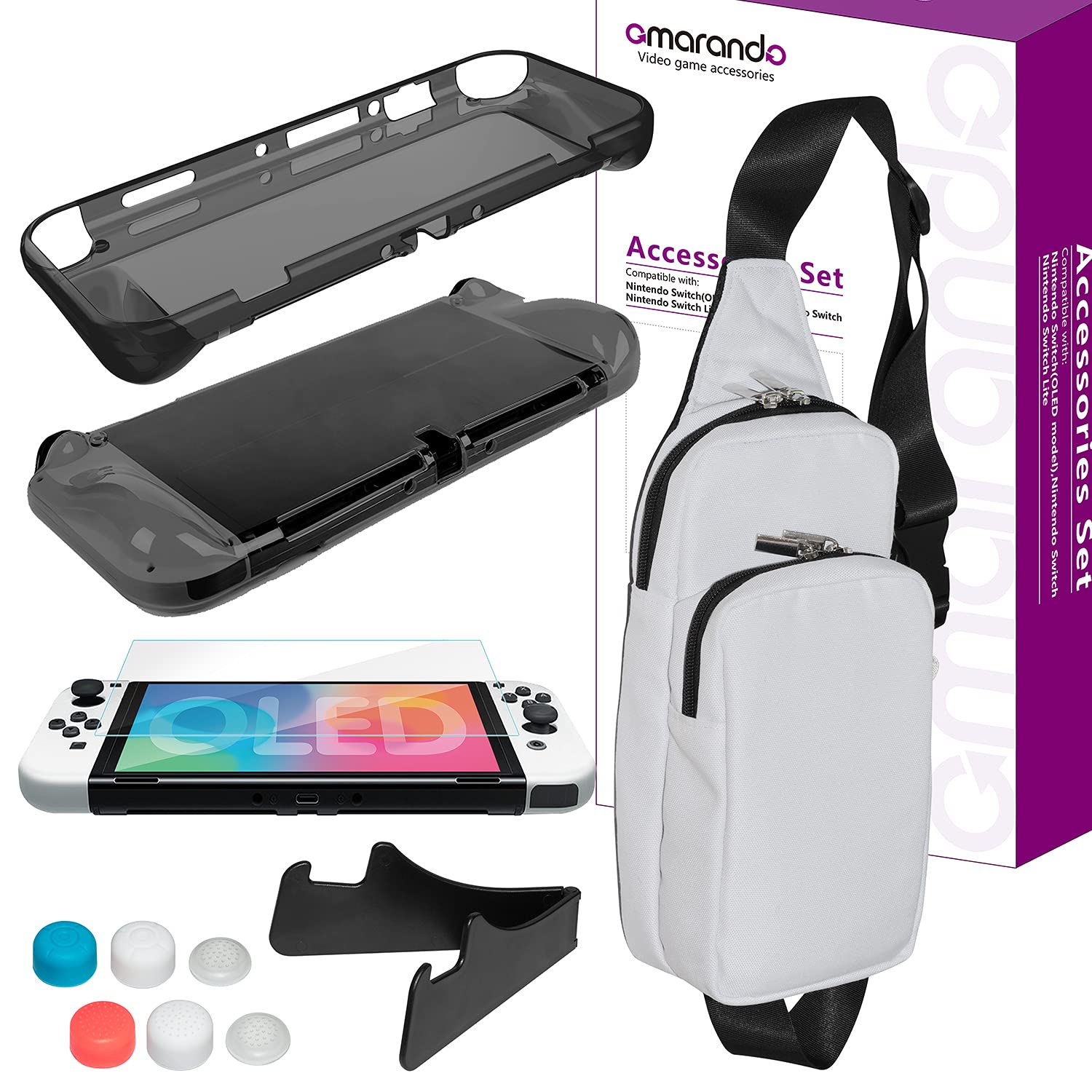 omarando TPU Case Cover Accessories Kit for Nintendo Switch (OLED Model),Shoulder Bag for Switch,with Tempered Glass Screen Protector,Thumb Grip Caps .Mini Travel playstand (Black)