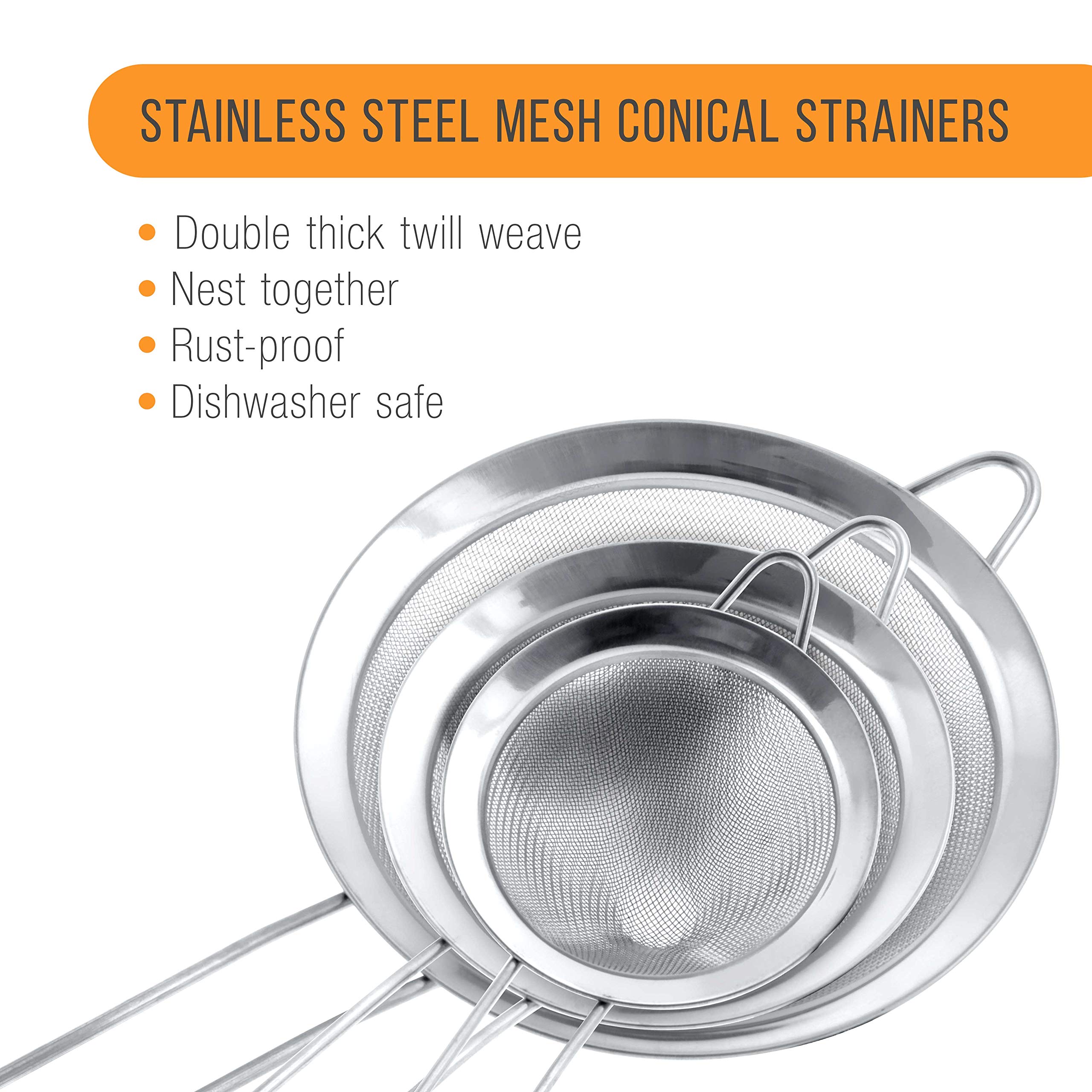 U.S. Kitchen Supply - Set of 3 Premium Quality Extra Fine Twill Mesh Stainless Steel Conical Strainers - 3", 4" and 5.5" Sizes - Chinois to Sift, Strain, Drain and Rinse Vegetables, Pastas & Teas