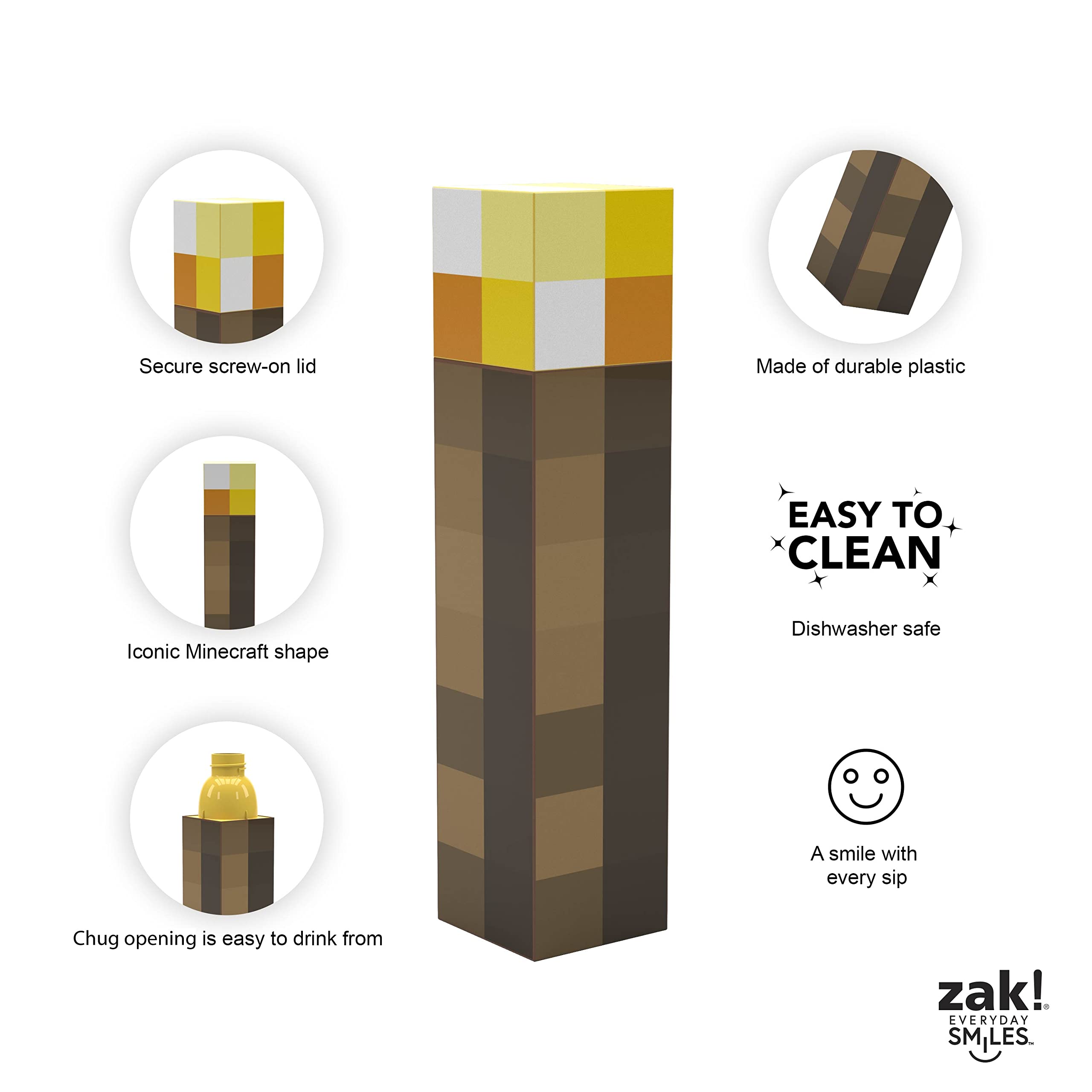 Minecraft Zak Designs Torch Shaped Water Bottle with Screw-on Lid, Durable Material Water Bottle Has Break Resistant Design Tumbler (22oz, Plastic, BPA-Free)
