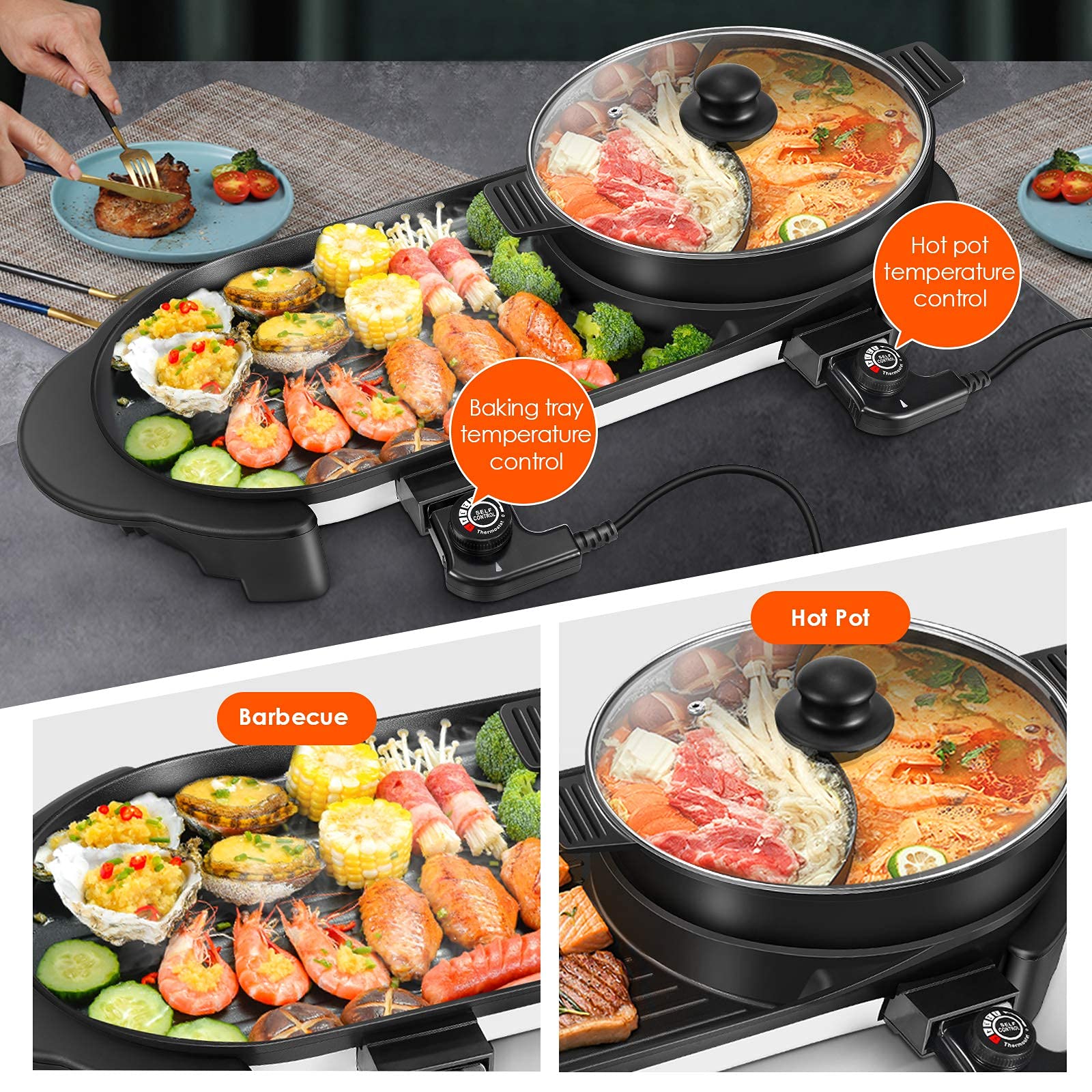 SEAAN Electric Removable Shabu-shabu Pot Grill Detachable Barbecue Grill with Large Capacity Baking Tray Non-Stick BBQ Pan Adjustable Temperature Double Flavor Hot Pot 110V